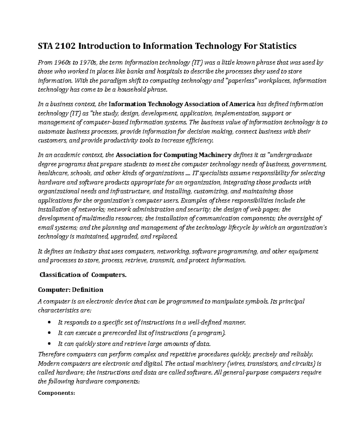 STA 2102 Info Tech Fundamentals for Statistics: Concepts & Components ...