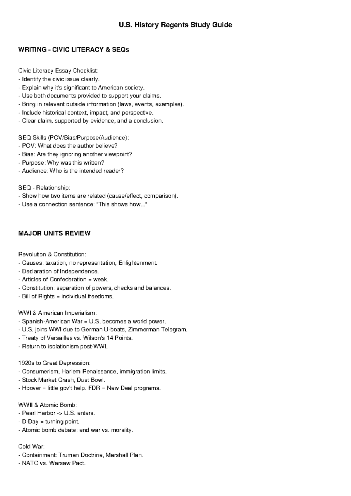 US History Regents Study Guide: Civic Literacy SEQ Checklist & Key ...
