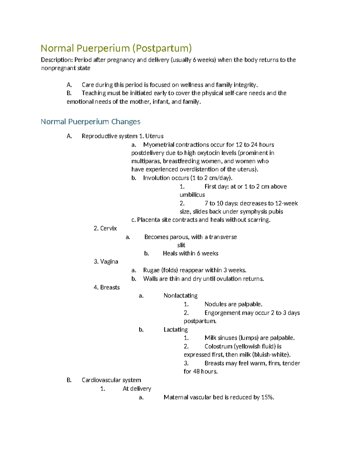 NUR 305 Lecture Notes: Normal Puerperium (Postpartum) Overview - Studocu