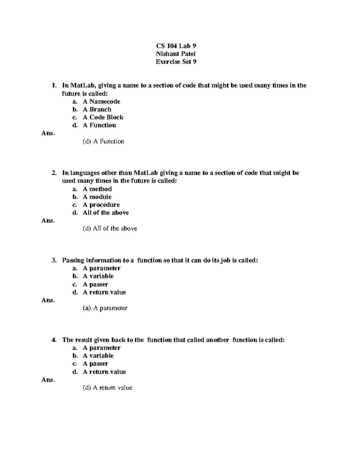 Patel Exercise 09 - CS 104 Homework Lab 9 - CS 104 Lab 9 Nishant Patel ...