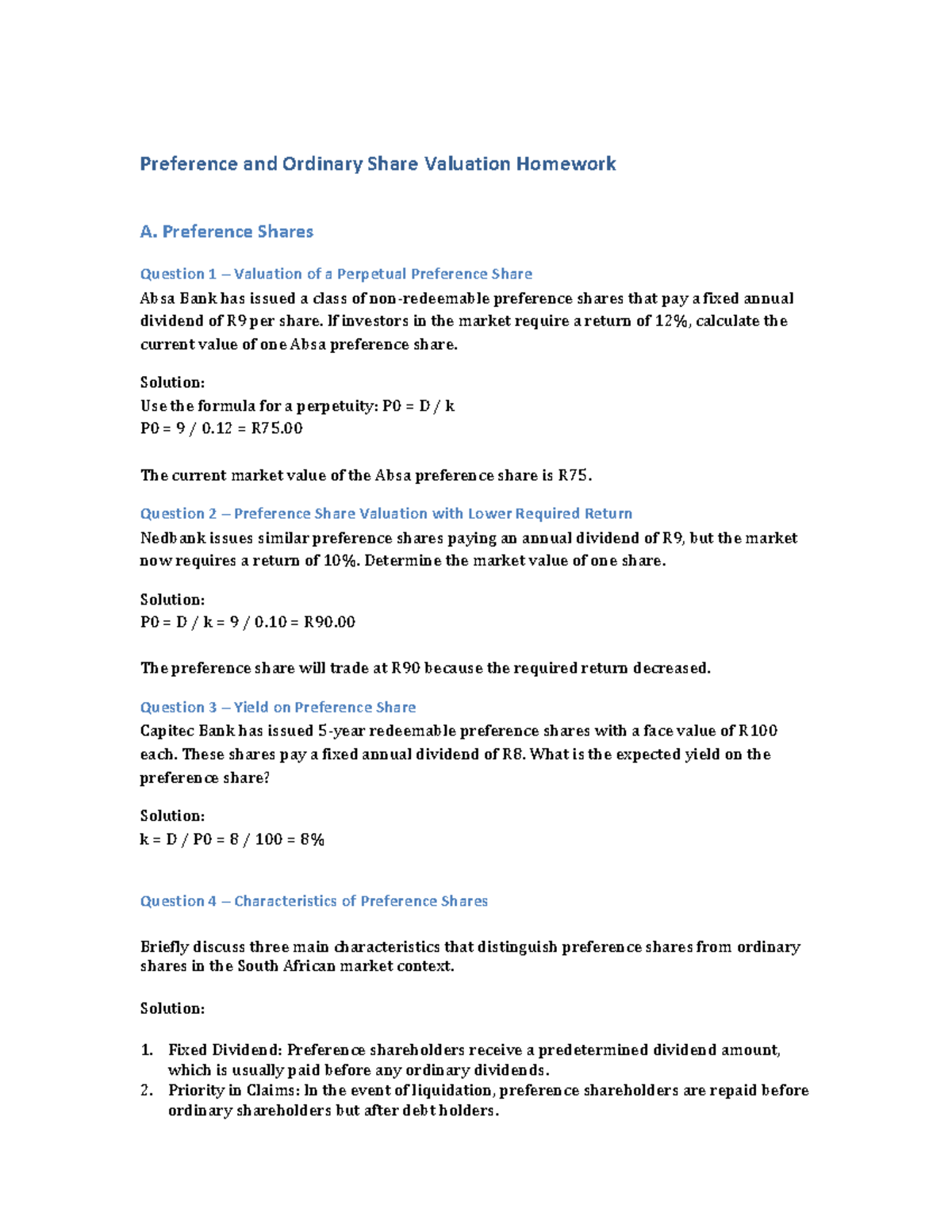 Preference and Ordinary Share Valuation Homework A & B - Studocu
