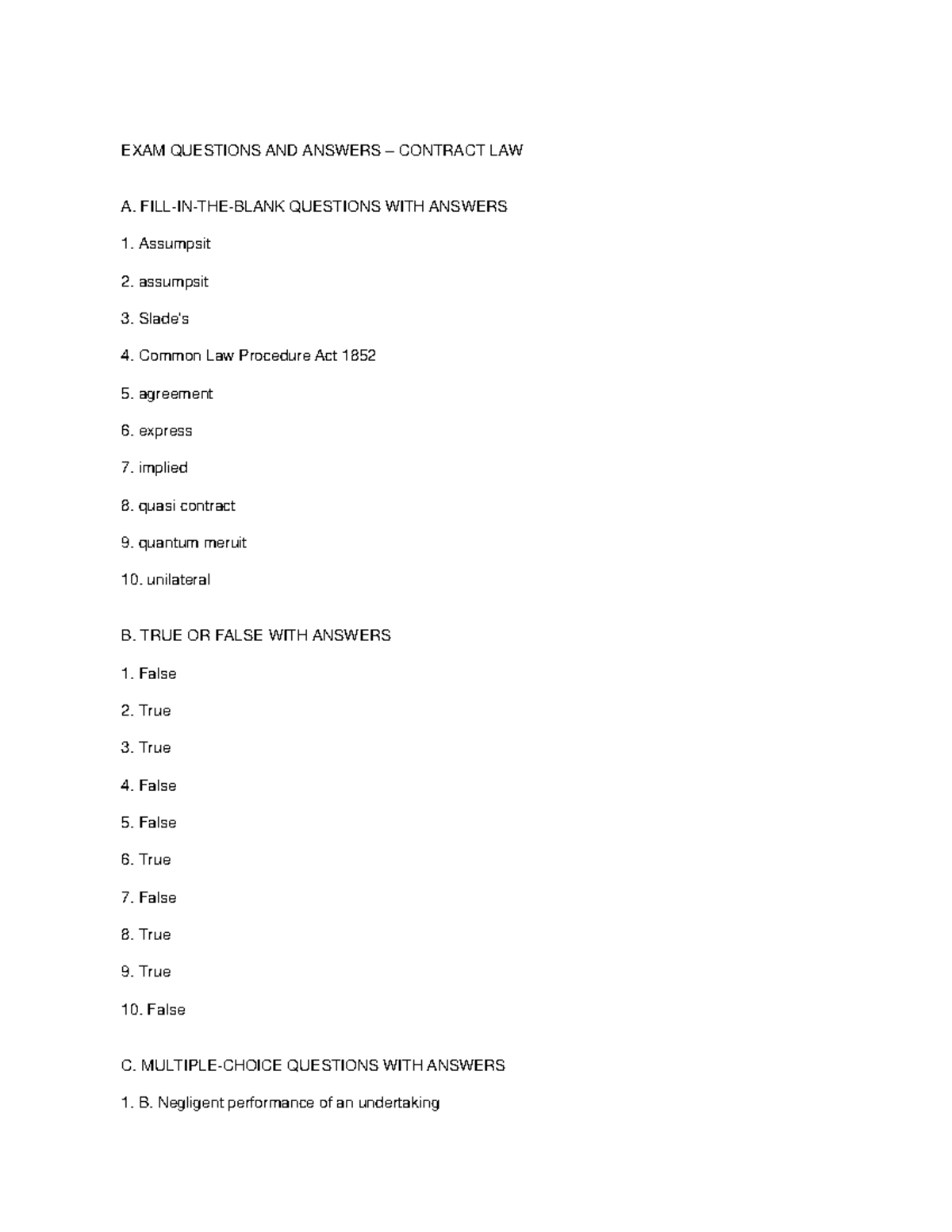 Contract Law Exam Q&A: Questions & Answers - Studocu