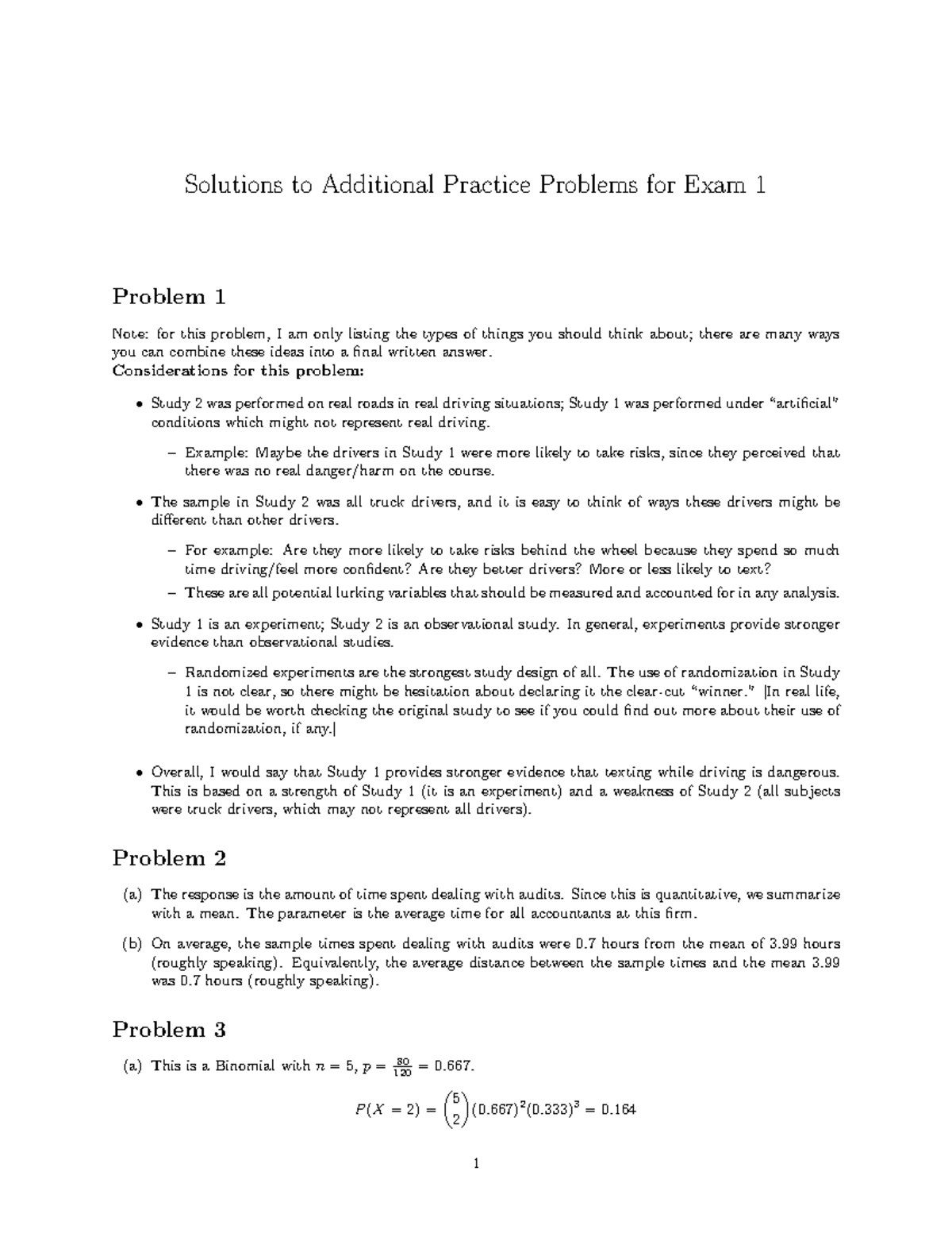 Solutions to Additional Practice Problems for STAT 101 Exam 1 - Studocu