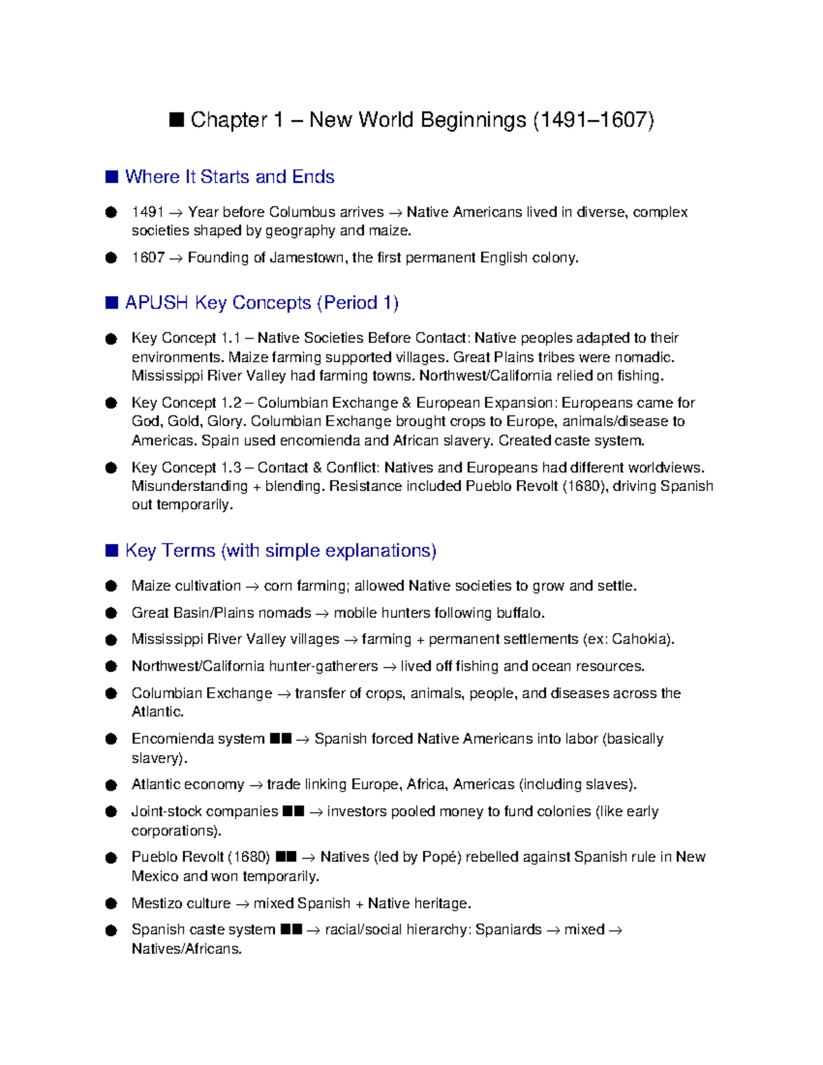 APUSH Chapter 1 Study Guide: New World Beginnings (1491-1607) - Studocu