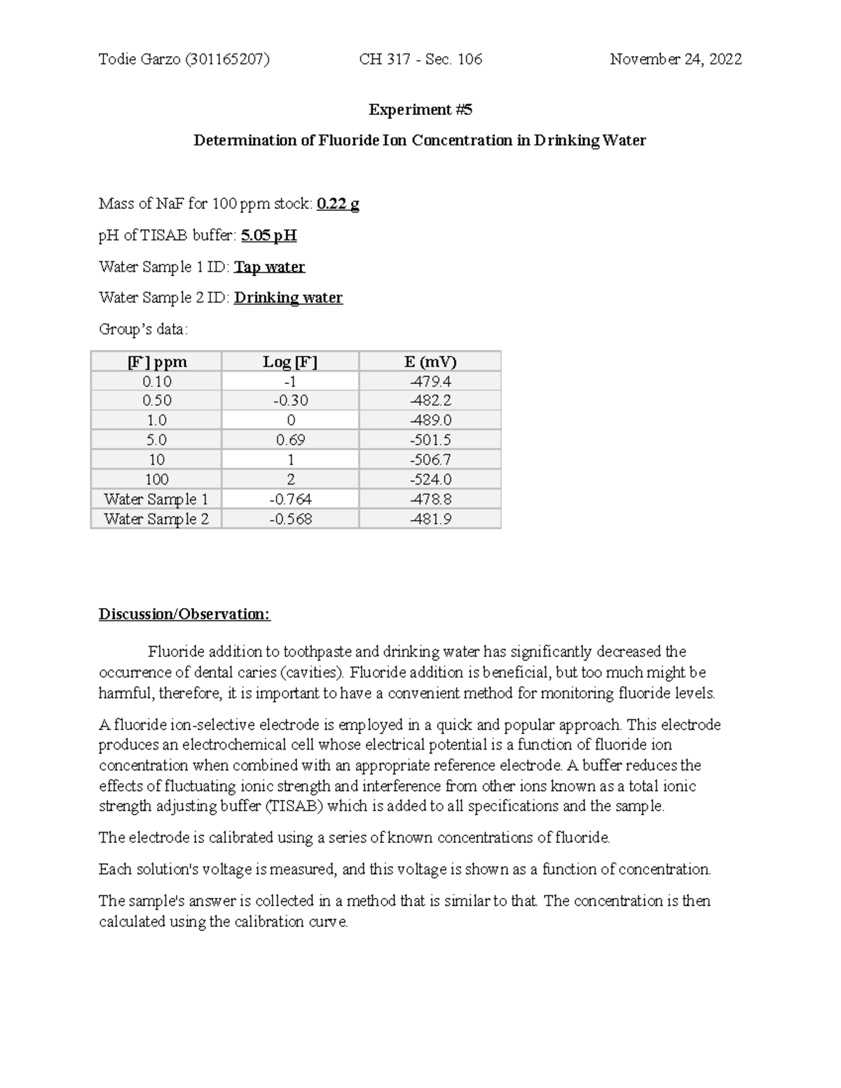 Fluoride Ion Concentration Determination - Post Lab Experiment - Studocu