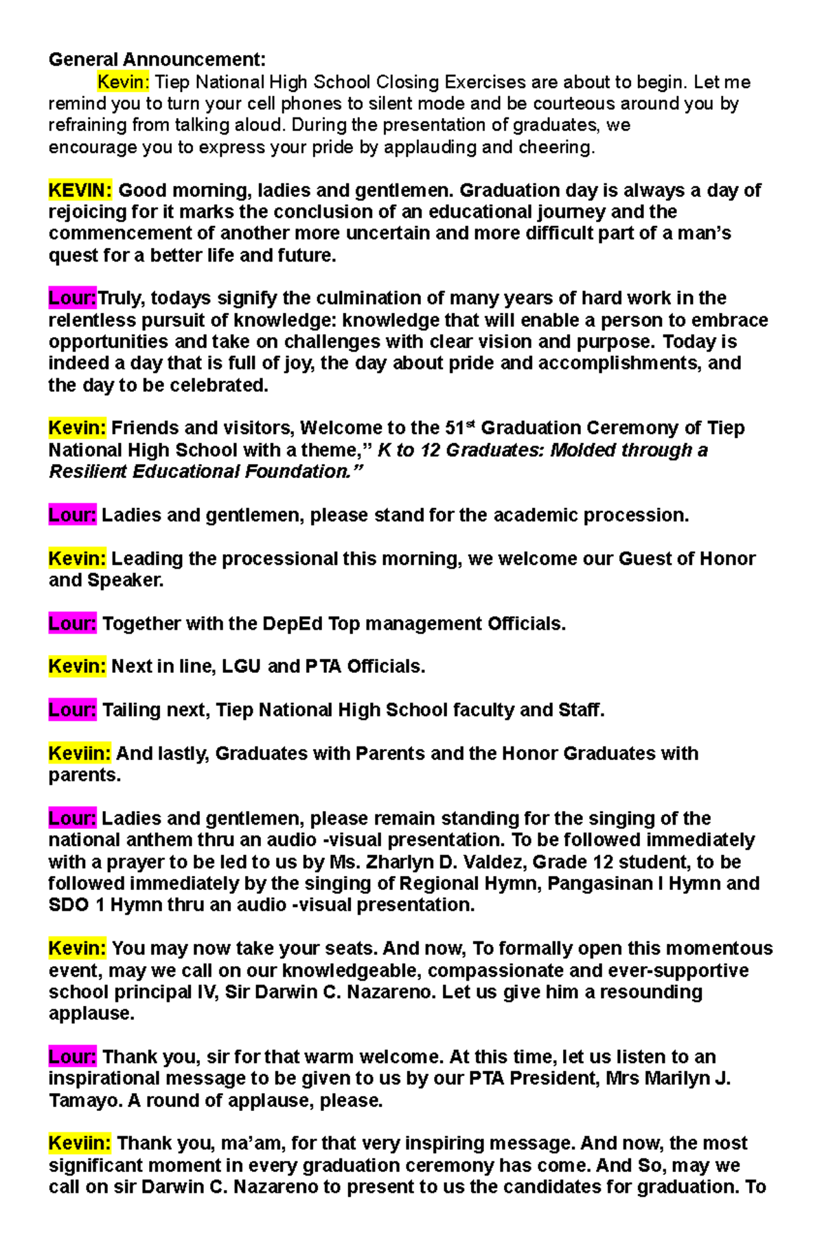 2 Emcee Script - None - General Announcement: Kevin: Tiep National High ...