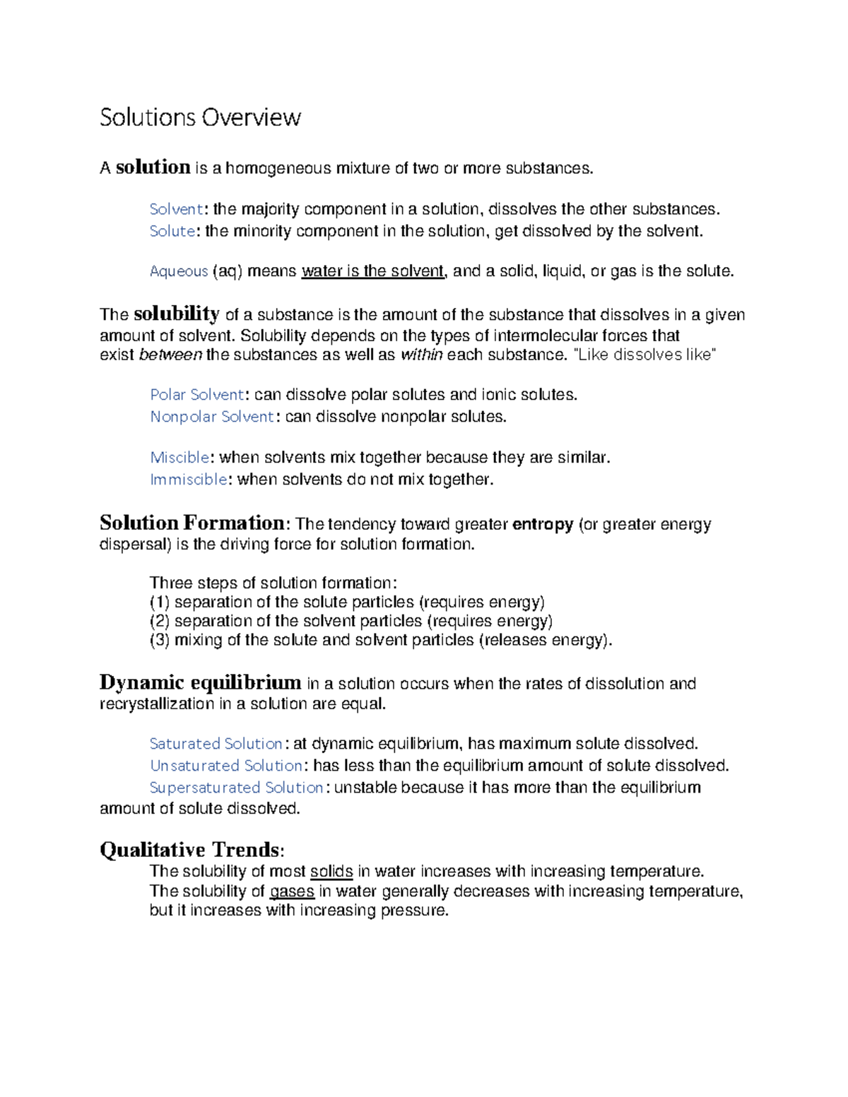 Solutions Overview: Properties, Concentration, and Trends in Solubility ...