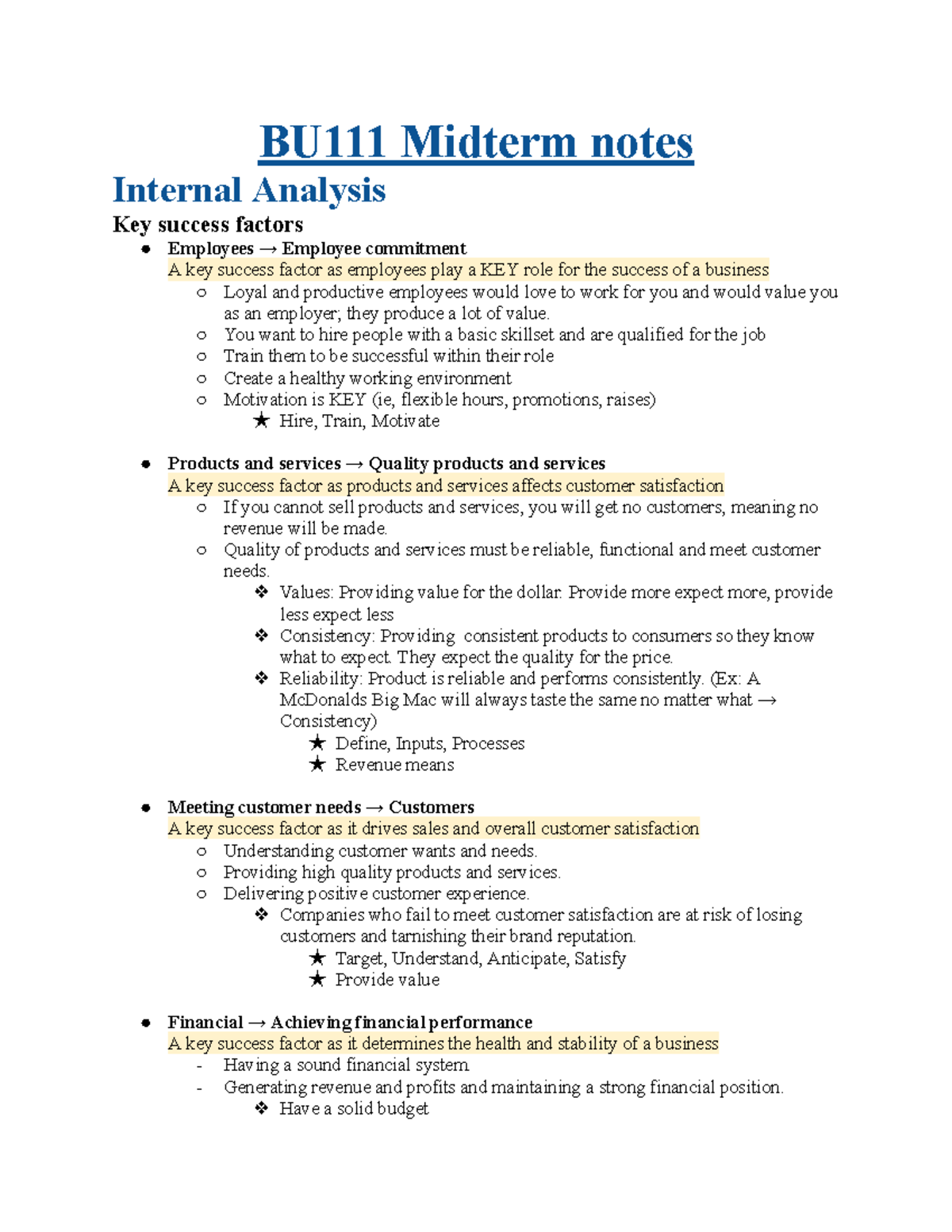 BU111 Midterm Notes: Key Success Factors in Internal Analysis - Studocu