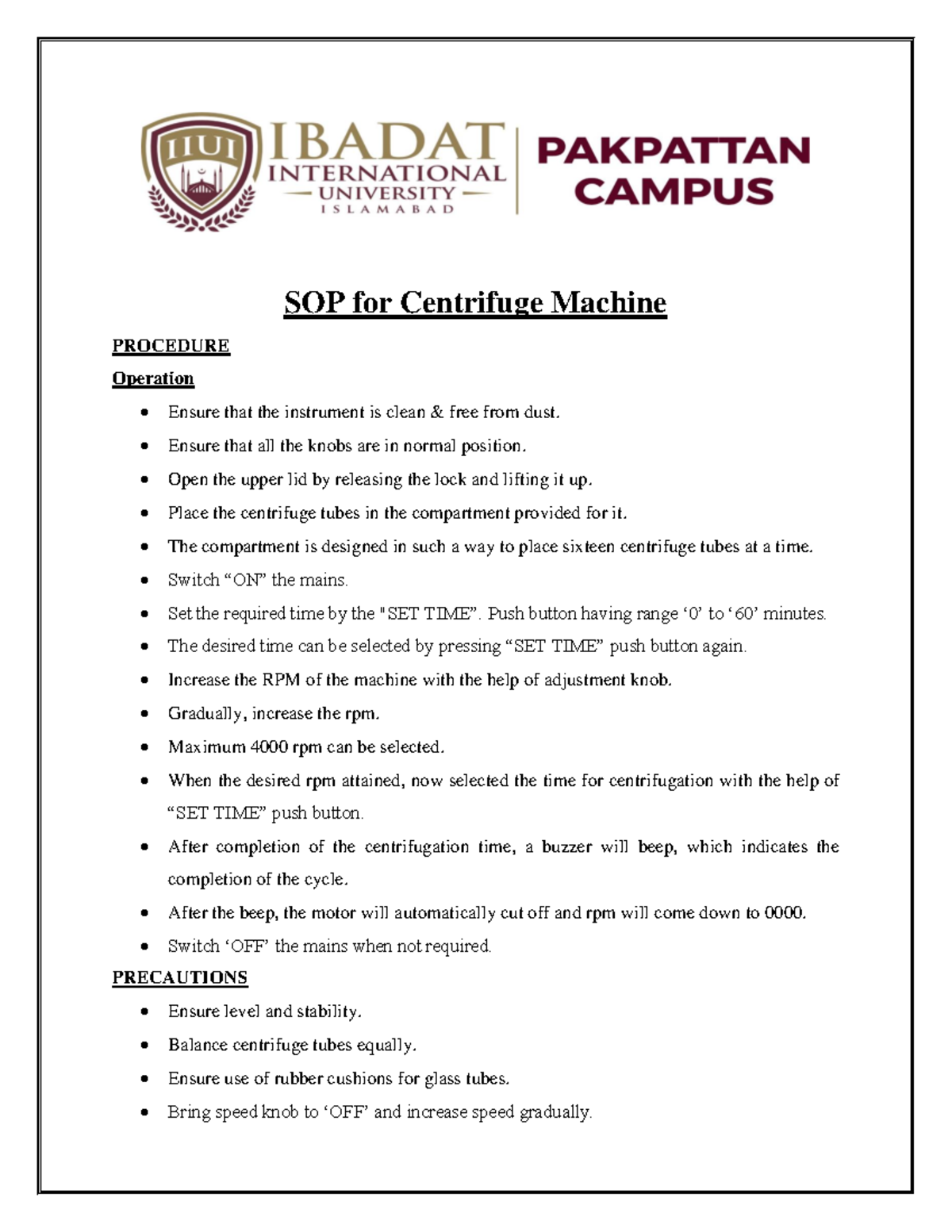SOP for Centrifuge Machine Operation and Maintenance Procedures - Studocu