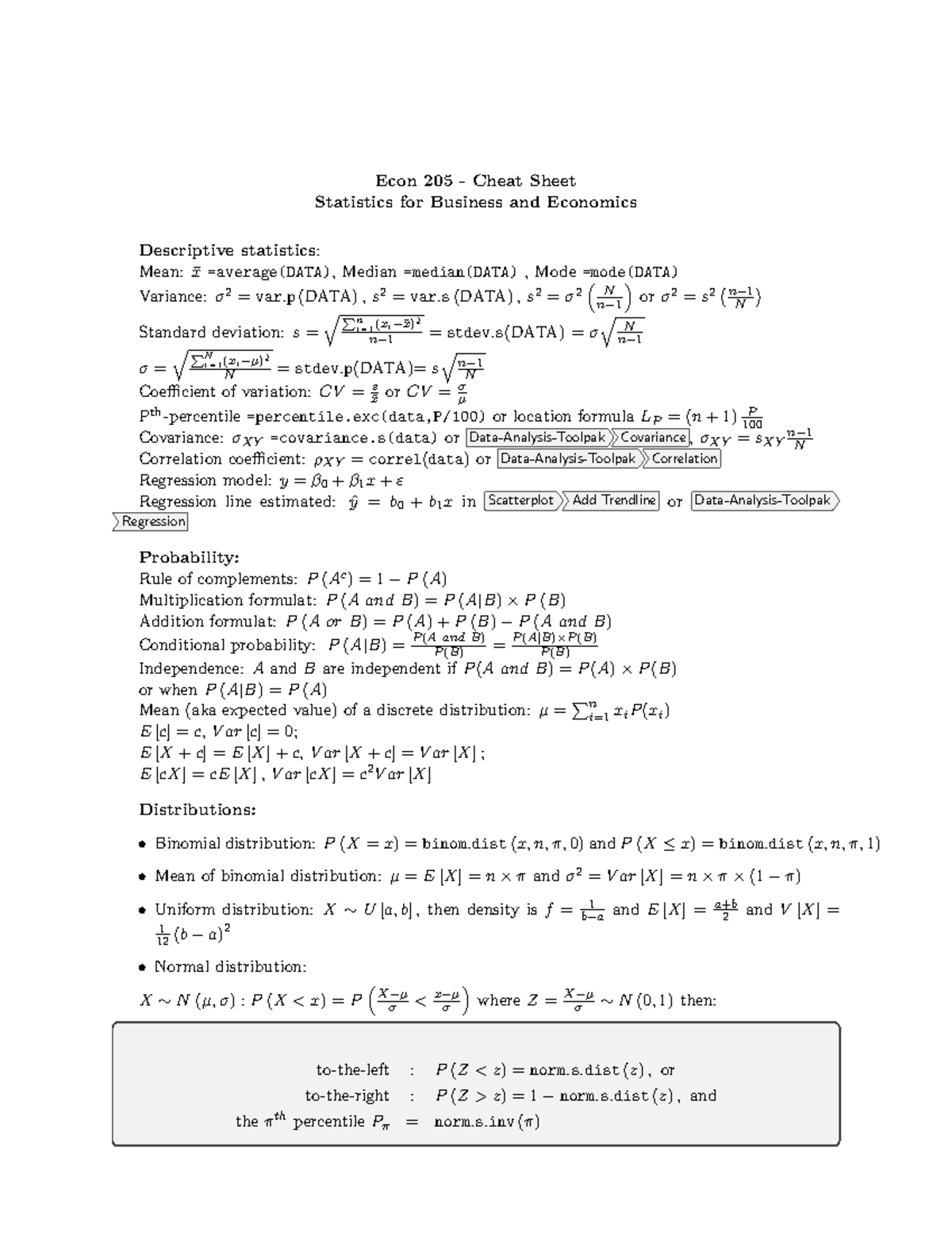 Business Statistics Cheatsheet - Econ 205 - Cheat Sheet Statistics for ...