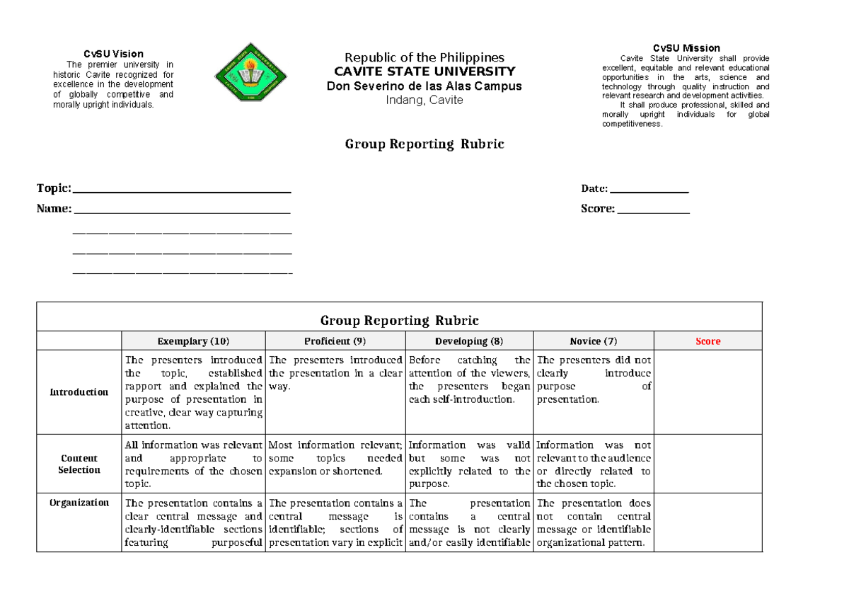 Group Reporting Rubric for CvSU Presentation Evaluation - Studocu