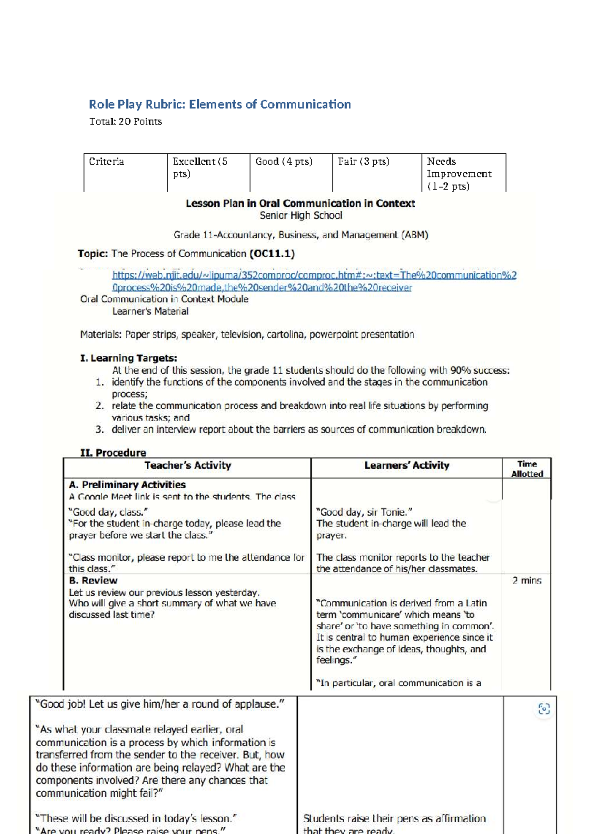 Role Play Rubric: Communication Elements Assessment (20 Points) - Studocu