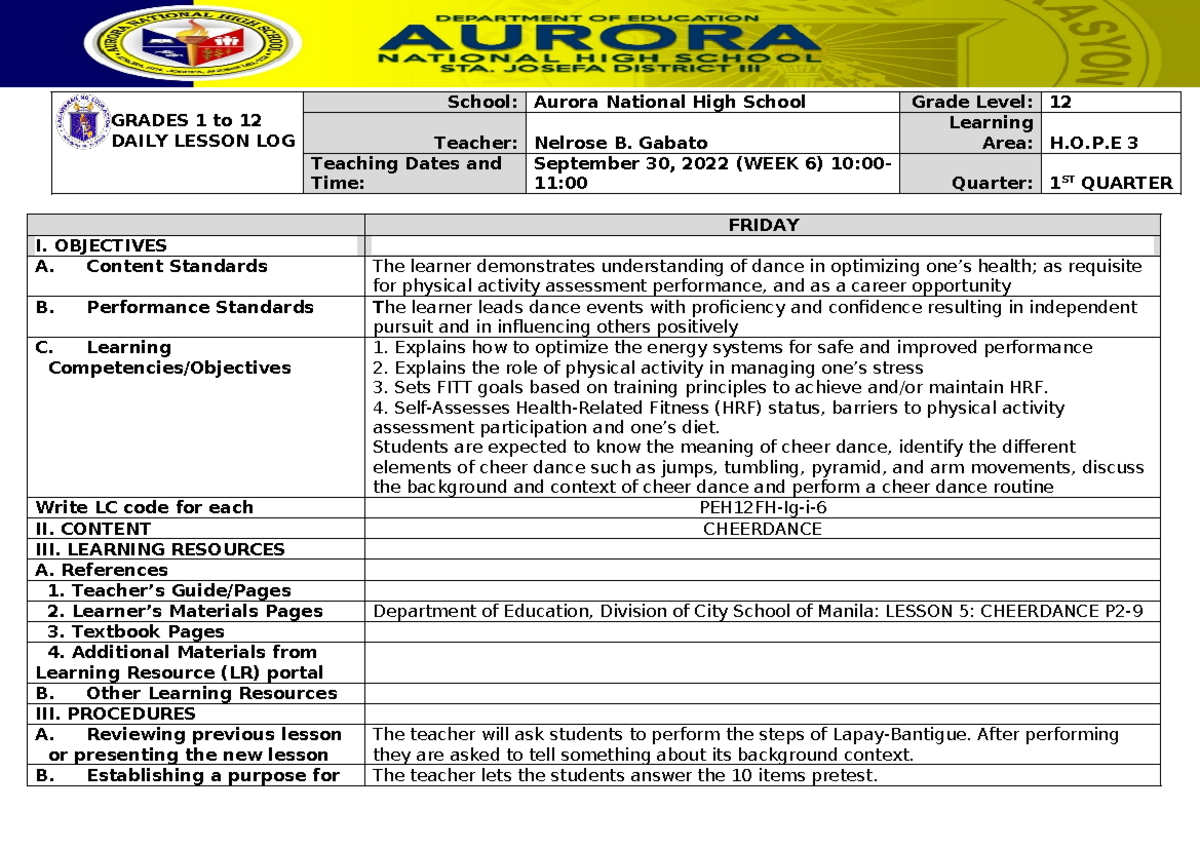 DLL HOPE3 Q1 W6 - Daily Lesson Log for Cheer Dance - Studocu