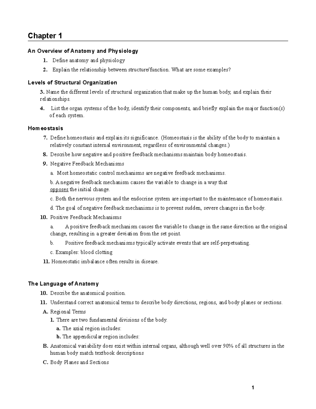A&P exam 1 - exam 1 study guide - Chapter 1 An Overview of Anatomy and ...