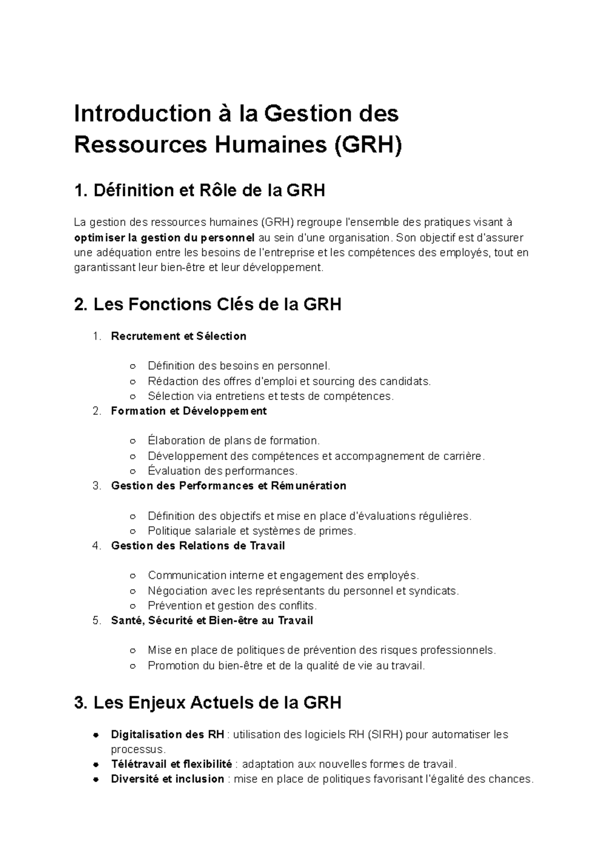 Introduction à la Gestion des Ressources Humaines (GRH) - Studocu