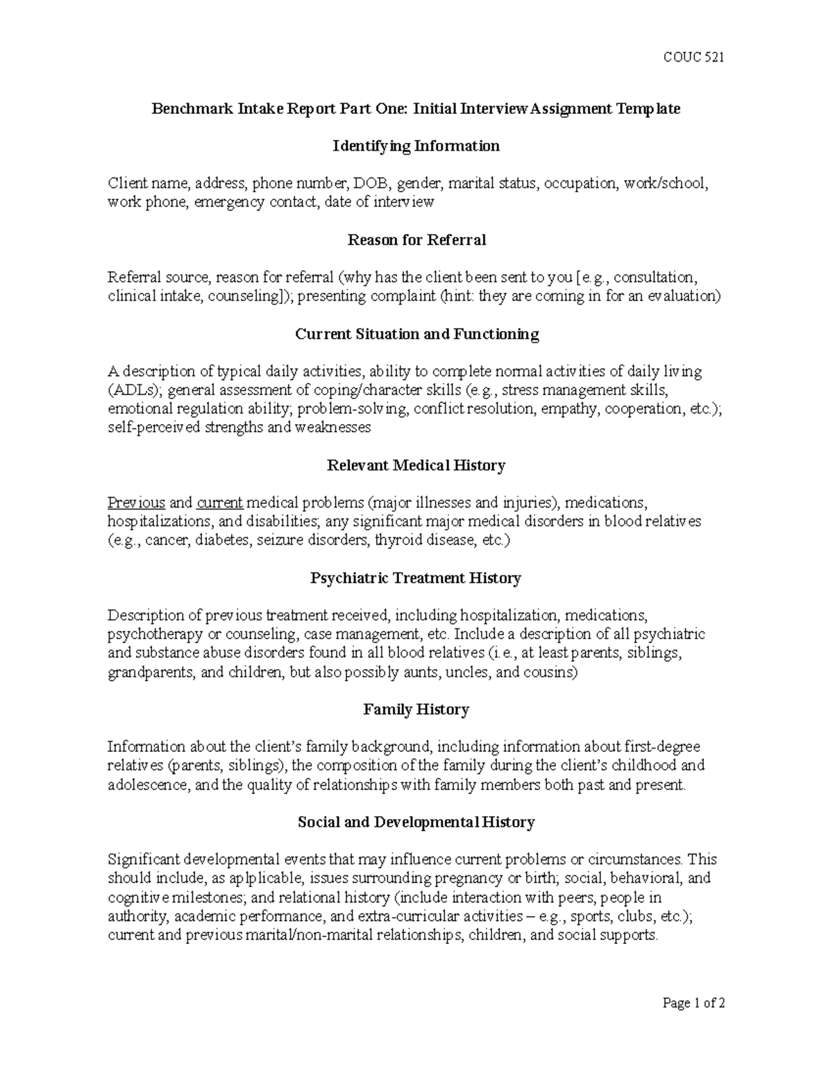 Benchmark Intake Report Part One Initial Interview Assignment Template - COUC 521 Benchmark ...