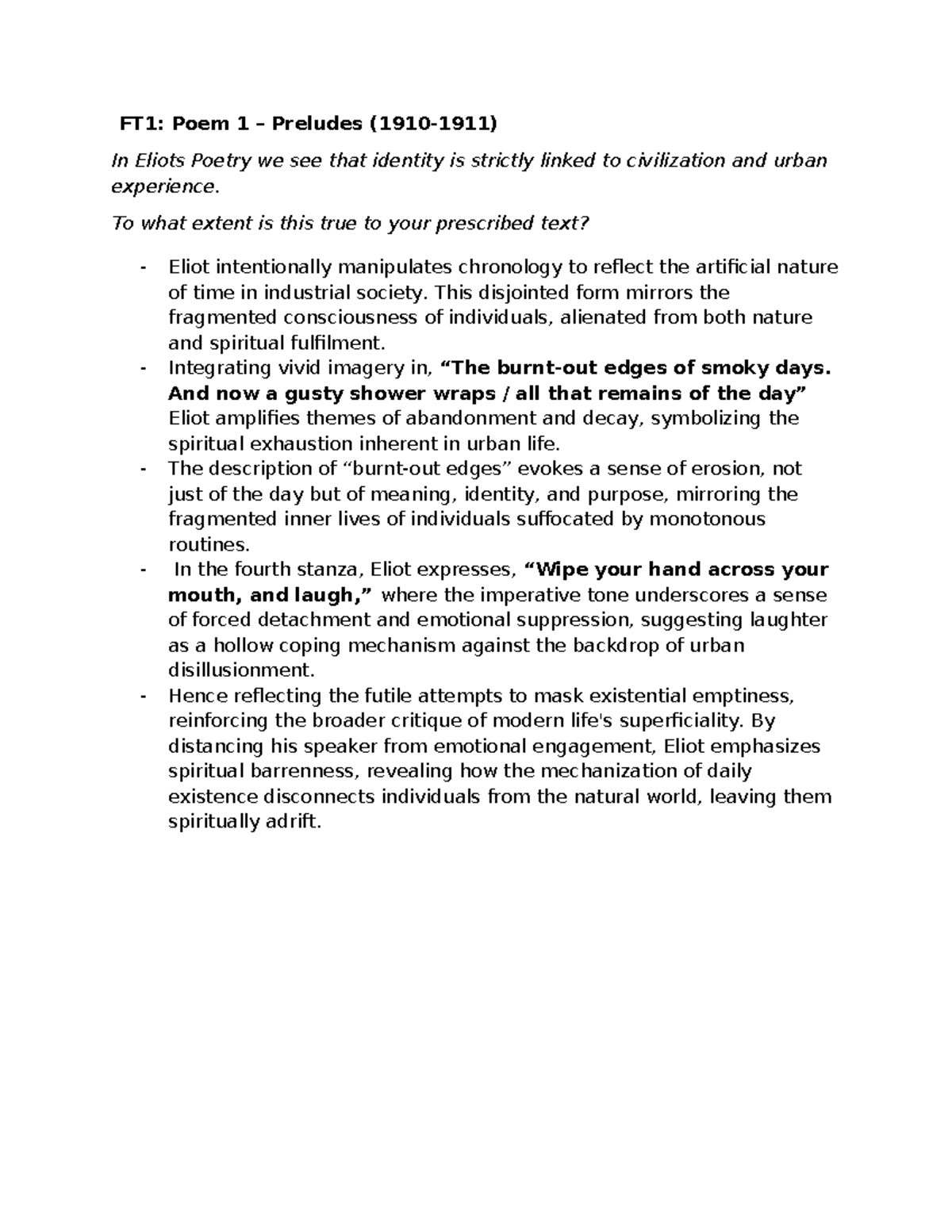 FT1: Analysis of Eliot's "Preludes" and Urban Identity - Studocu