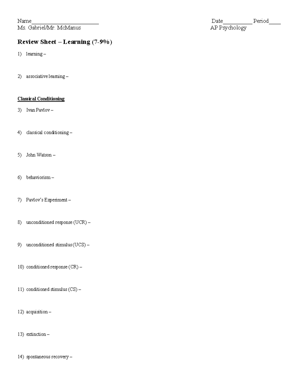 AP Psychology Review Sheet - Learning Concepts and Strategies - Studocu