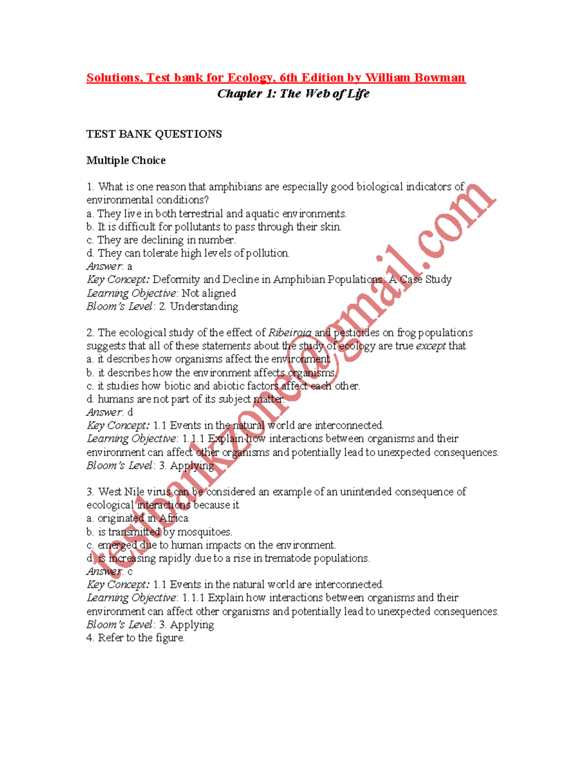 Test Bank for Ecology (6th Ed.) by Bowman: Chapter 1 Questions - Studocu