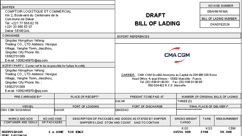 DRAFT BILL OF LADING - CMA CGM - DKA0162024 - PEANUT KERNELS - Studocu