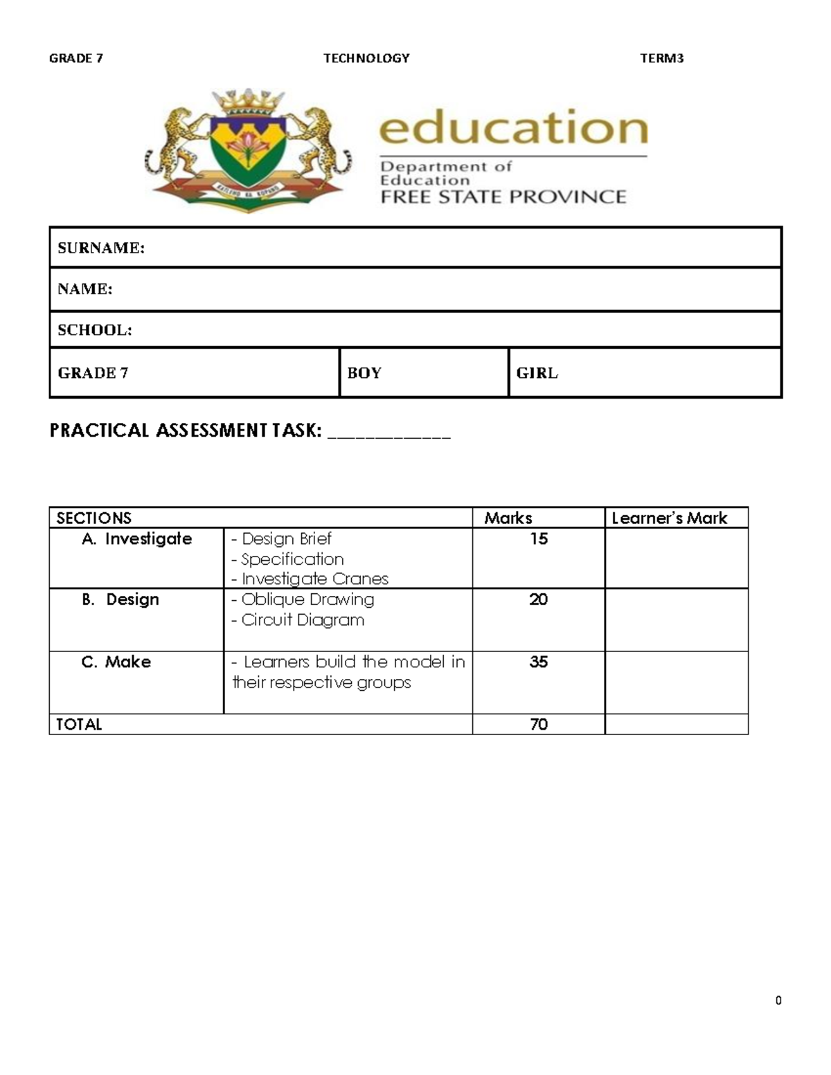 Grade 7 Technology Term 3 Practical Assessment: Crane Design Project ...
