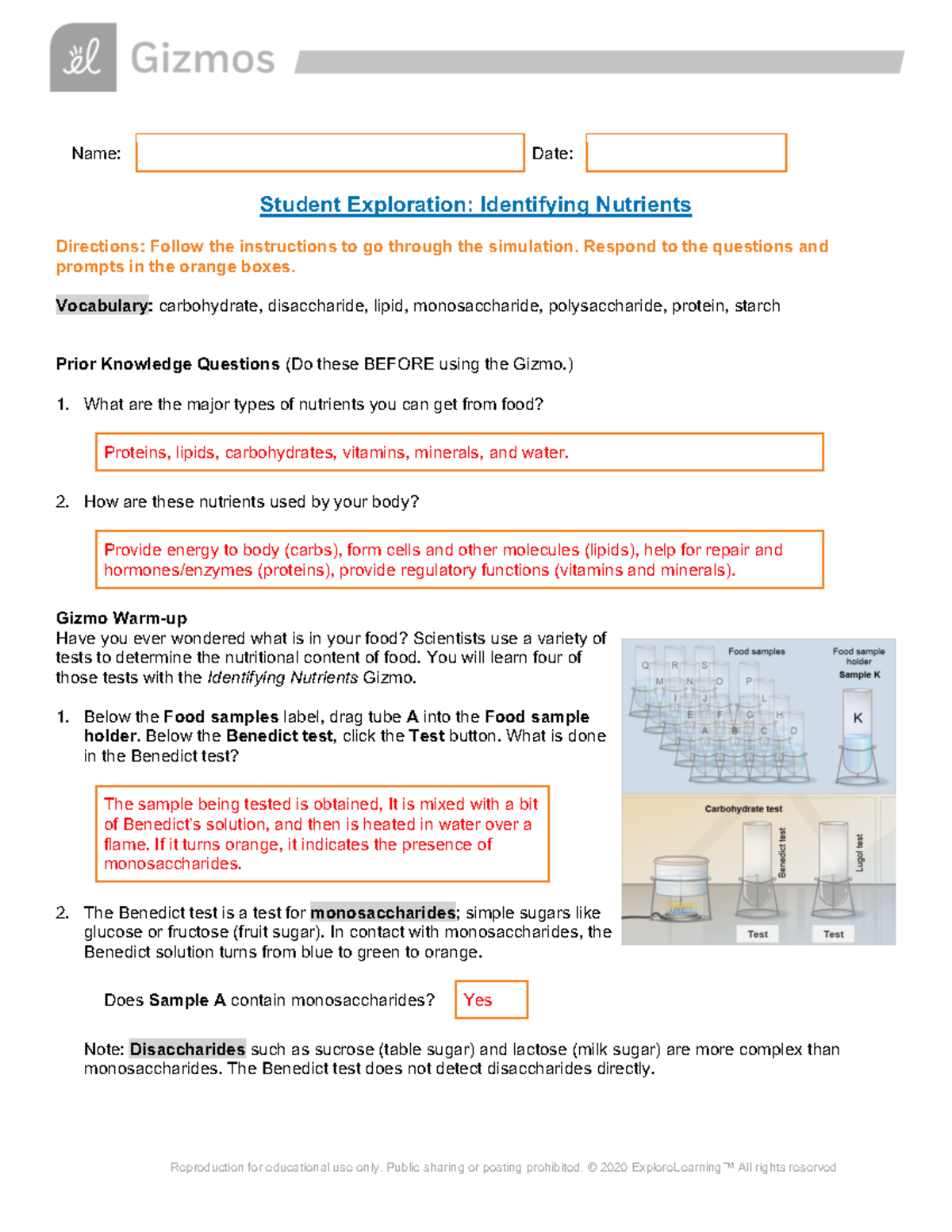 Identifying Nutrients Gizmo Lab - Name: Date: Student Exploration ...