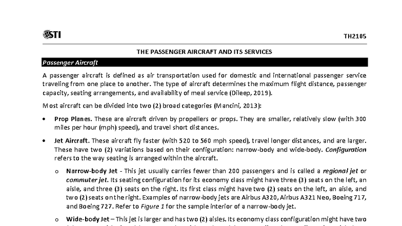 TH2105 PASSENGER AIRCRAFT: TYPES, SERVICES & COMPONENTS - Studocu
