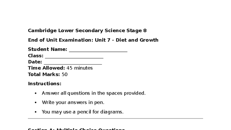 Cambridge Lower Secondary Science Stage 8 Unit 7 Exam: Diet & Growth ...