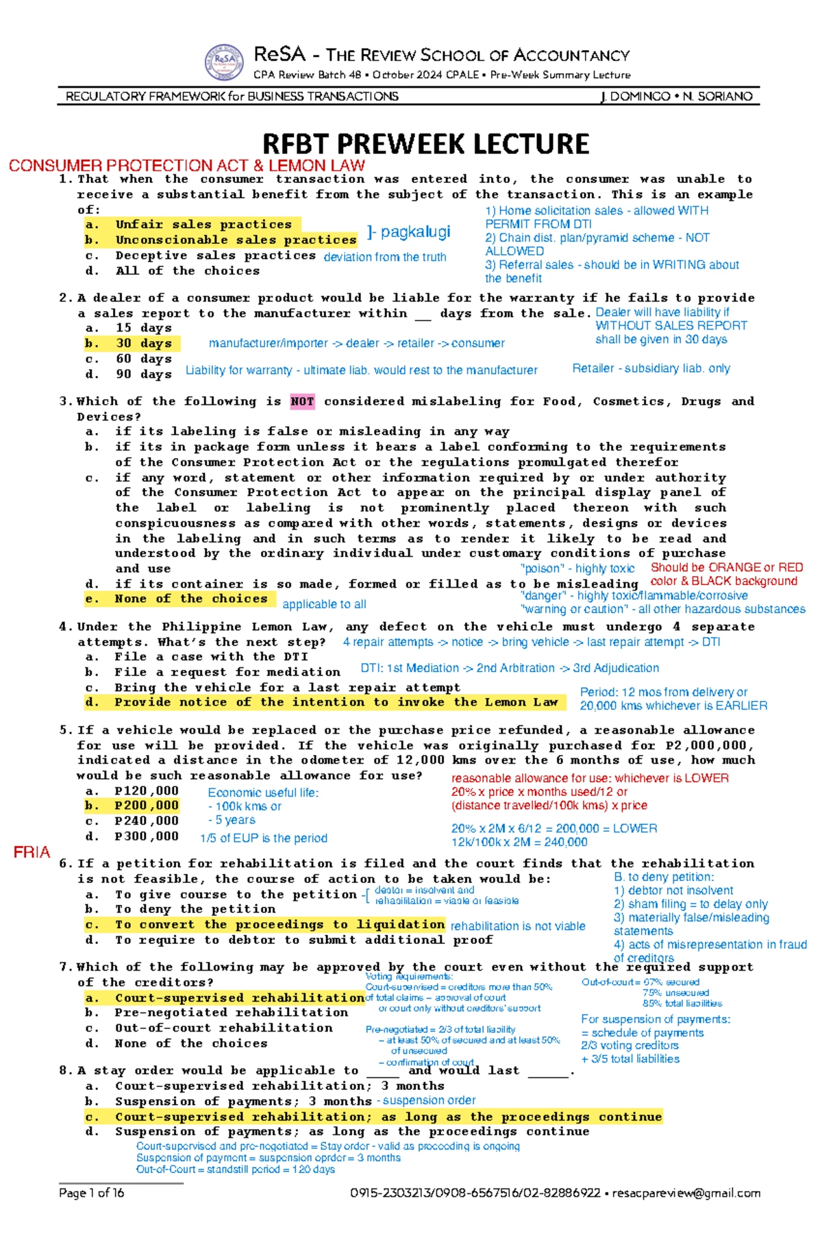 RFBT Preweek Summary Lecture (B48) for October 2024 CPA Exam - Studocu