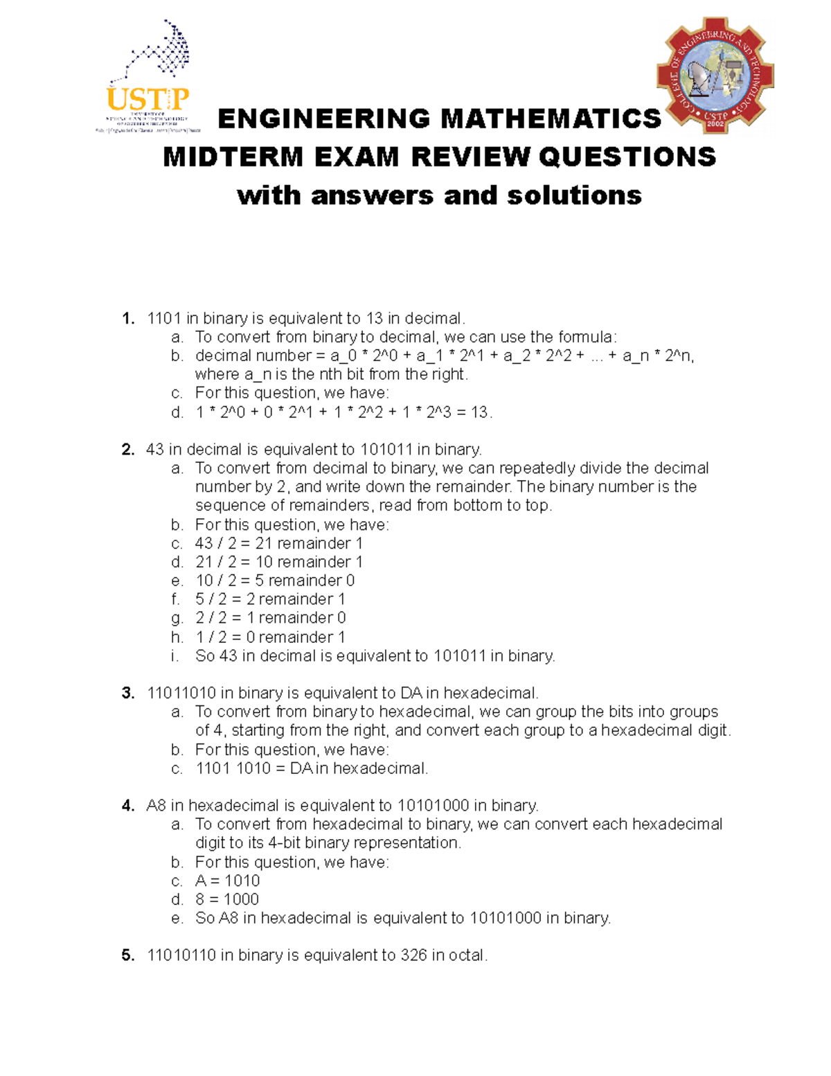 Engineering Mathematics (ENGM 101) - Midterm Exam Review Questions ...
