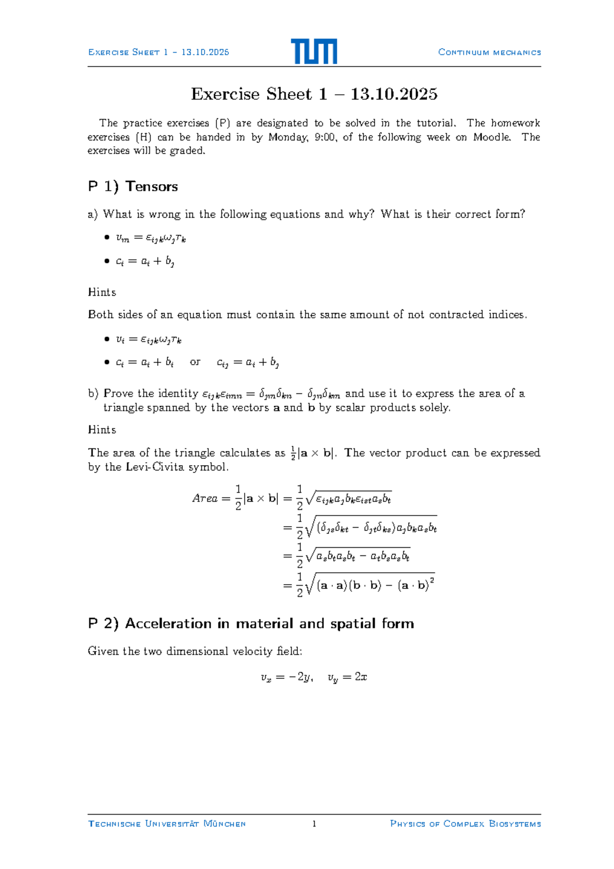 PH1007 Exercise Sheet 1 Solutions: Continuum Mechanics (13.10.2025 ...