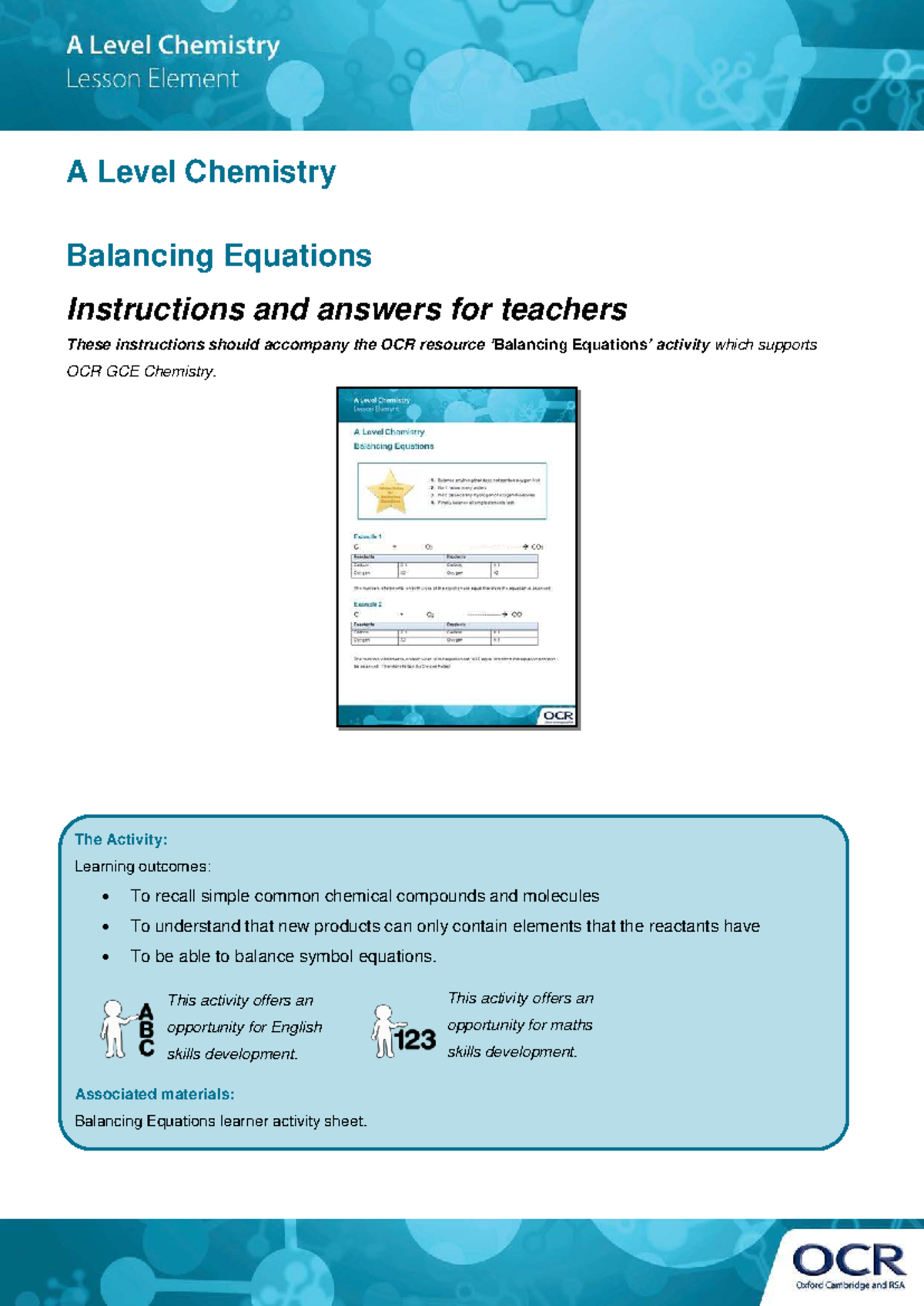 A Level Chemistry (OCR) Balancing Equations: Teacher's Guide - Studocu