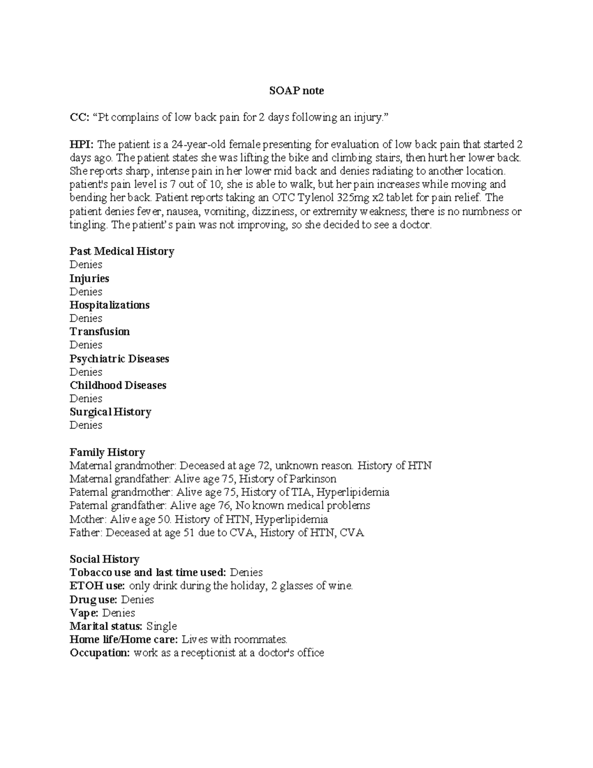 Back Pain Evaluation SOAP Note for Patient Case Analysis - Studocu