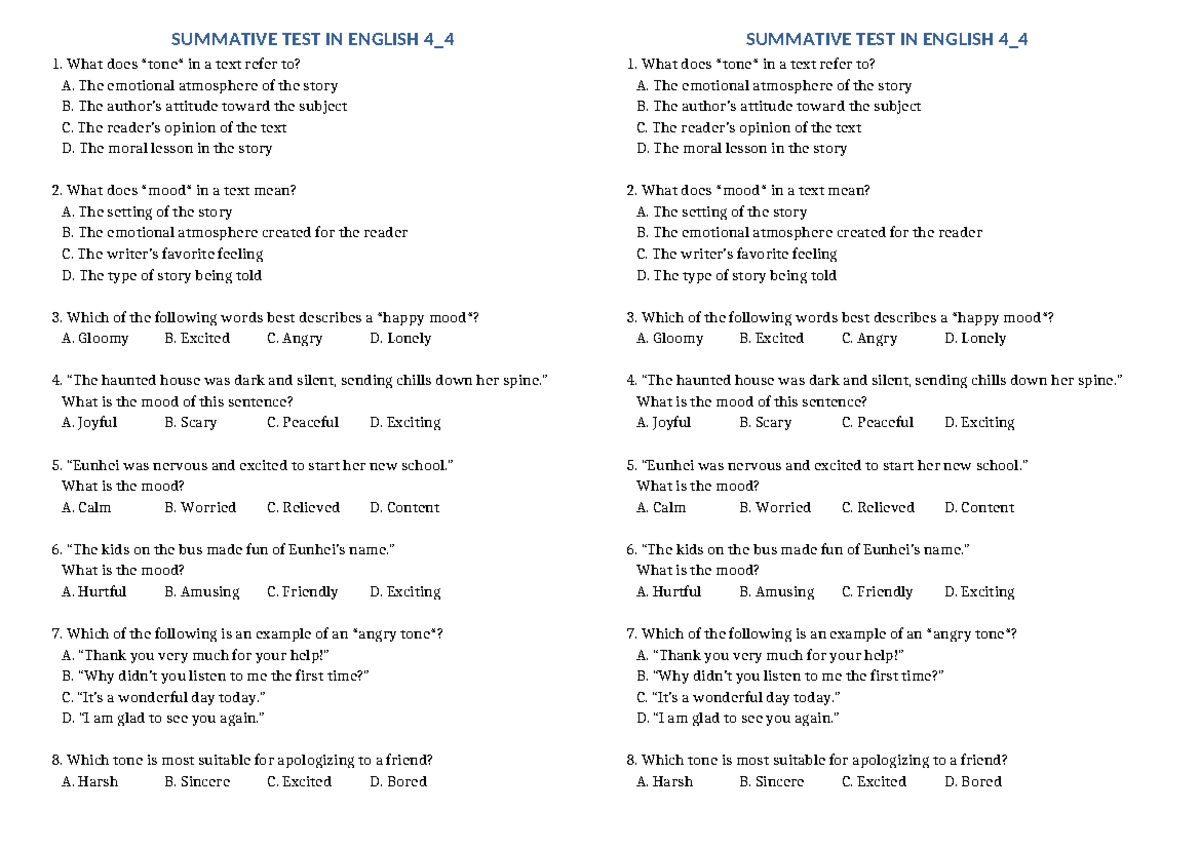SUMMATIVE TEST IN ENGLISH 4_4: Understanding Mood and Tone - Studocu