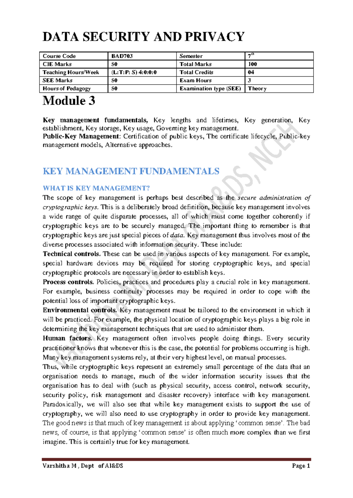Key Management Fundamentals in Data Security (CIE BAD703) - Studocu