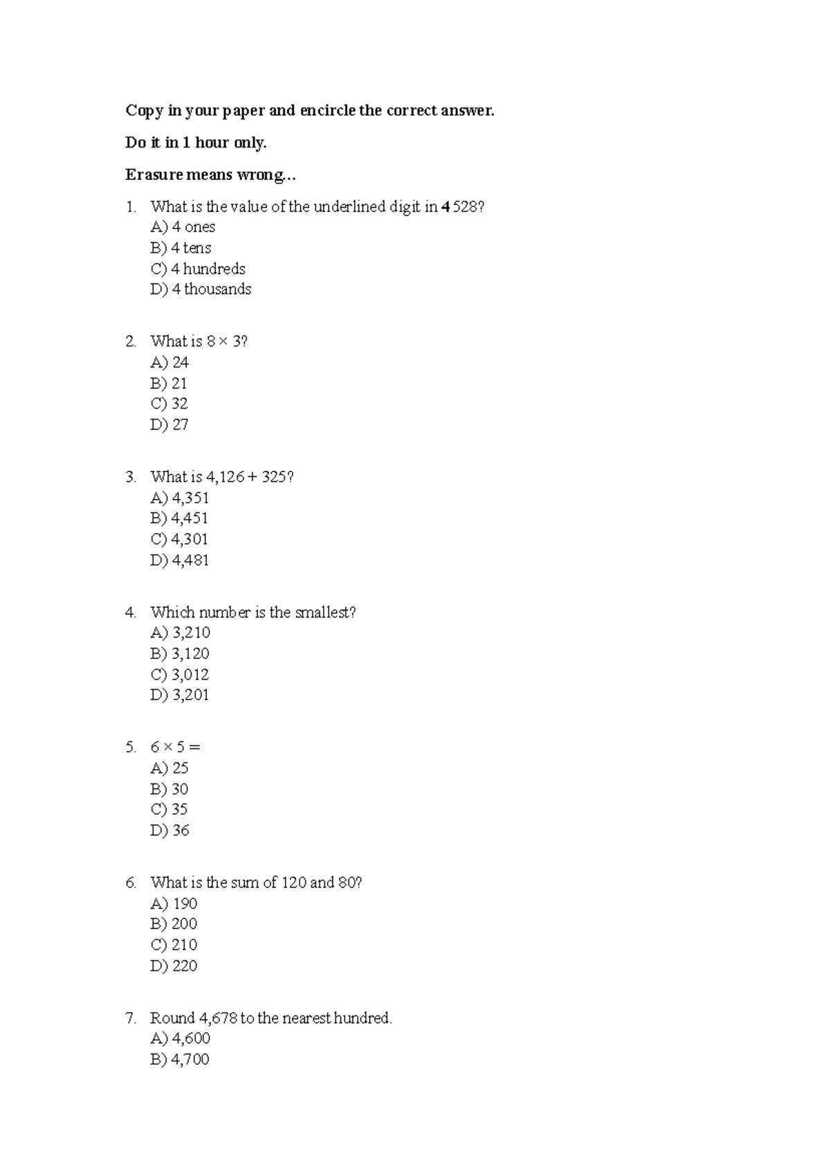 EXAM-IN-MATH: 1-Hour Math Quiz with Multiple Choice Questions - Studocu