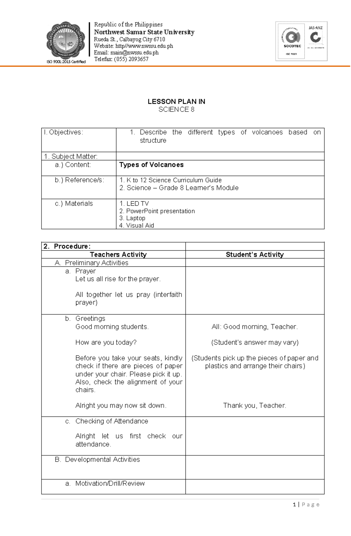 Lesson Plan on Types of Volcanoes for Science 8 - Studocu