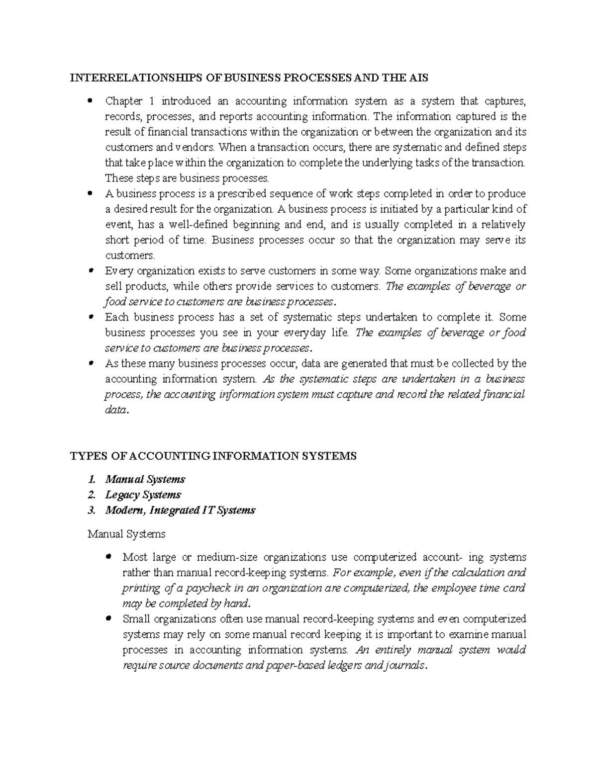 Interrelationships of Business Processes & AIS: Chapter 1 Overview ...