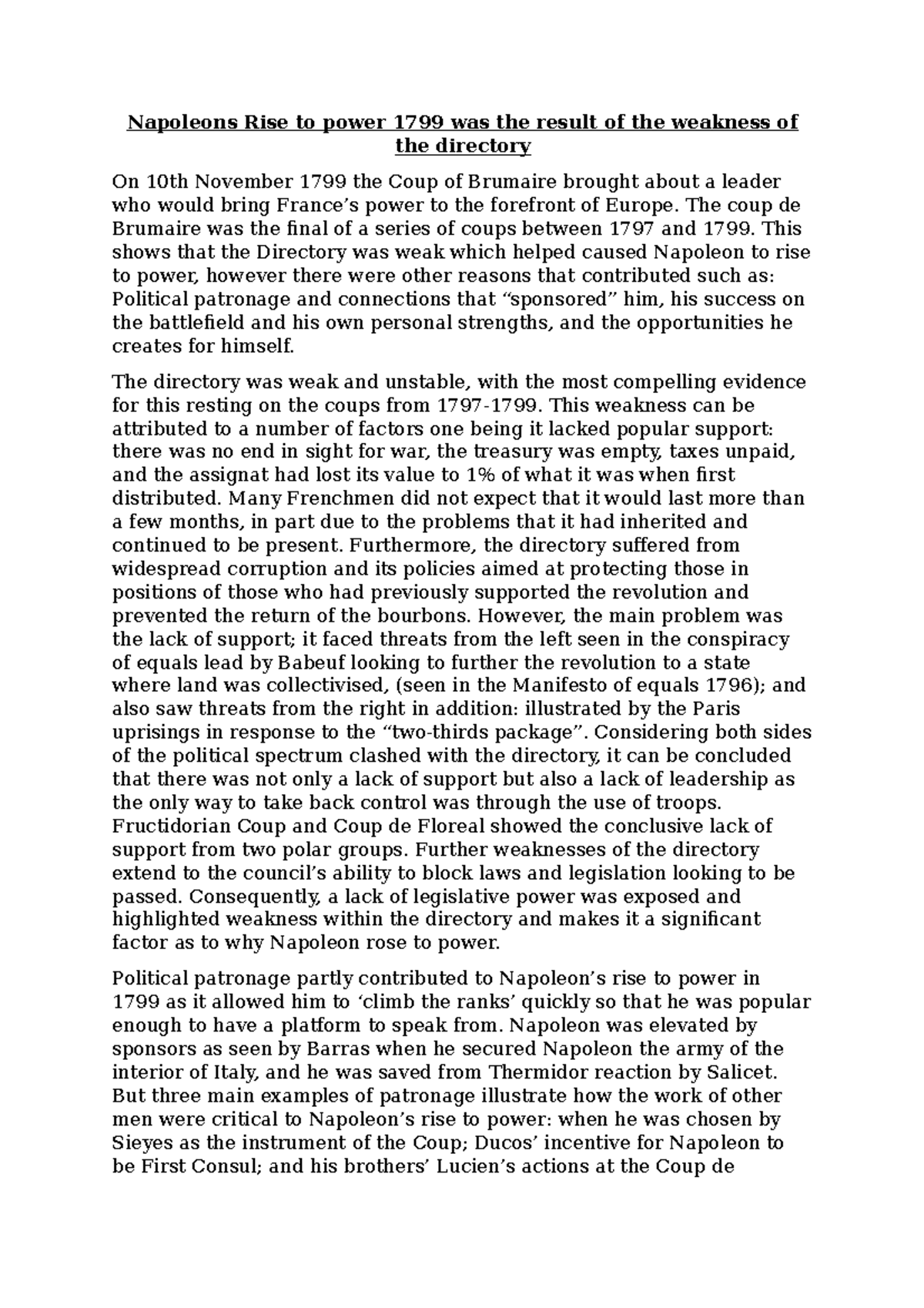 HIST 201: Analysis of Napoleon's Rise Amid Directory Weakness in 1799 ...