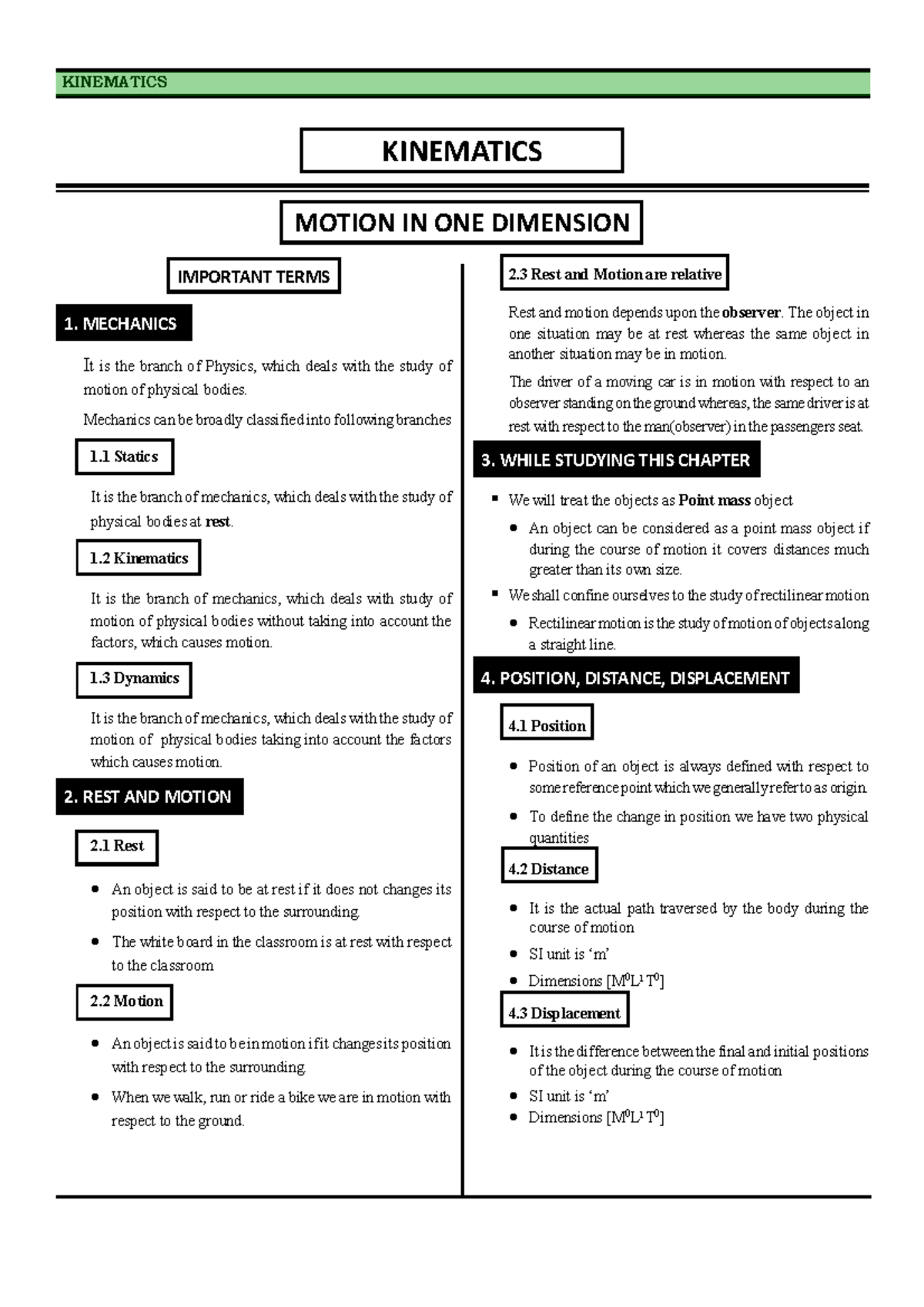 KIN 101: Kinematics in One Dimension - Key Concepts and Terms - Studocu