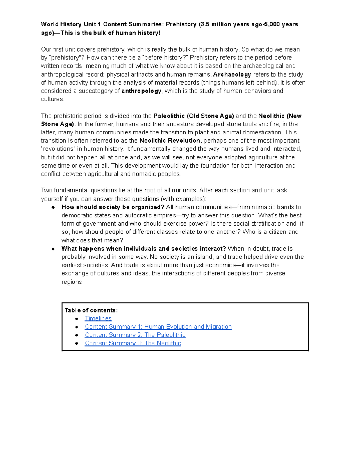 World History Unit 1 Content Summaries Prehistory 1 - So what do we ...