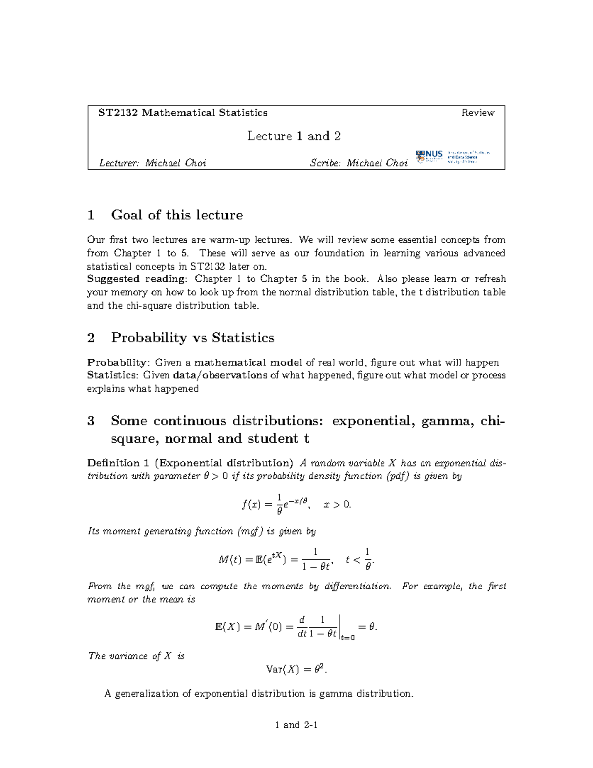 ST2132 - Lecture 1-2 Notes on Mathematical Statistics Overview - Studocu