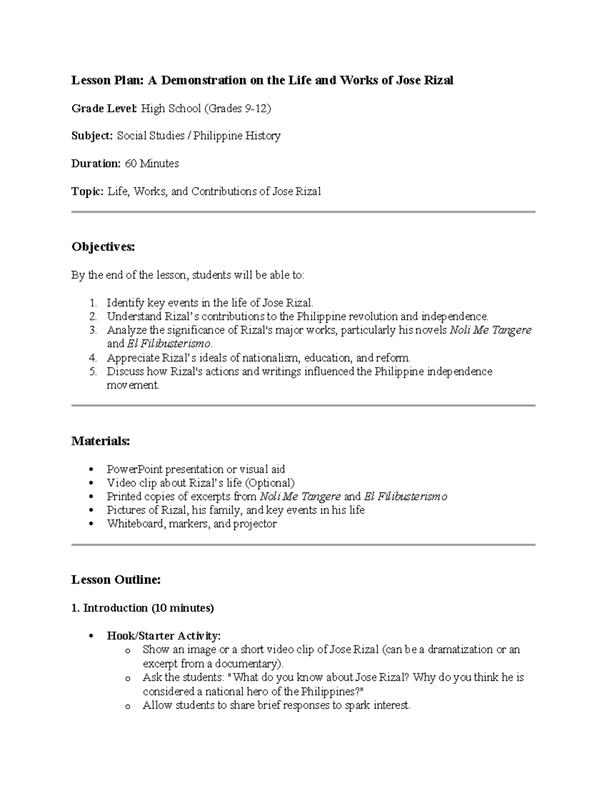 Lesson Plan For edit JOSE Rizal - Lesson Plan: A Demonstration on the ...