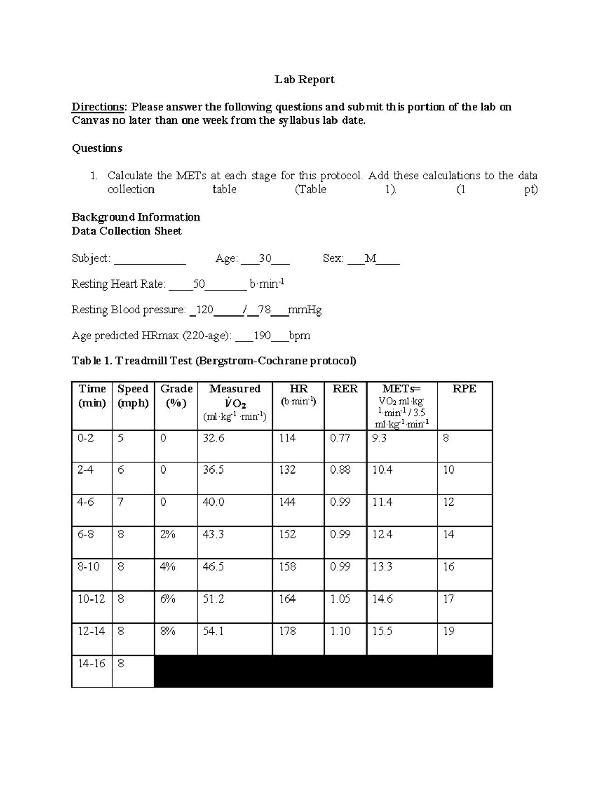 420G Max GXT e-Lab Report 2-1: Treadmill Test Analysis & Calculations ...