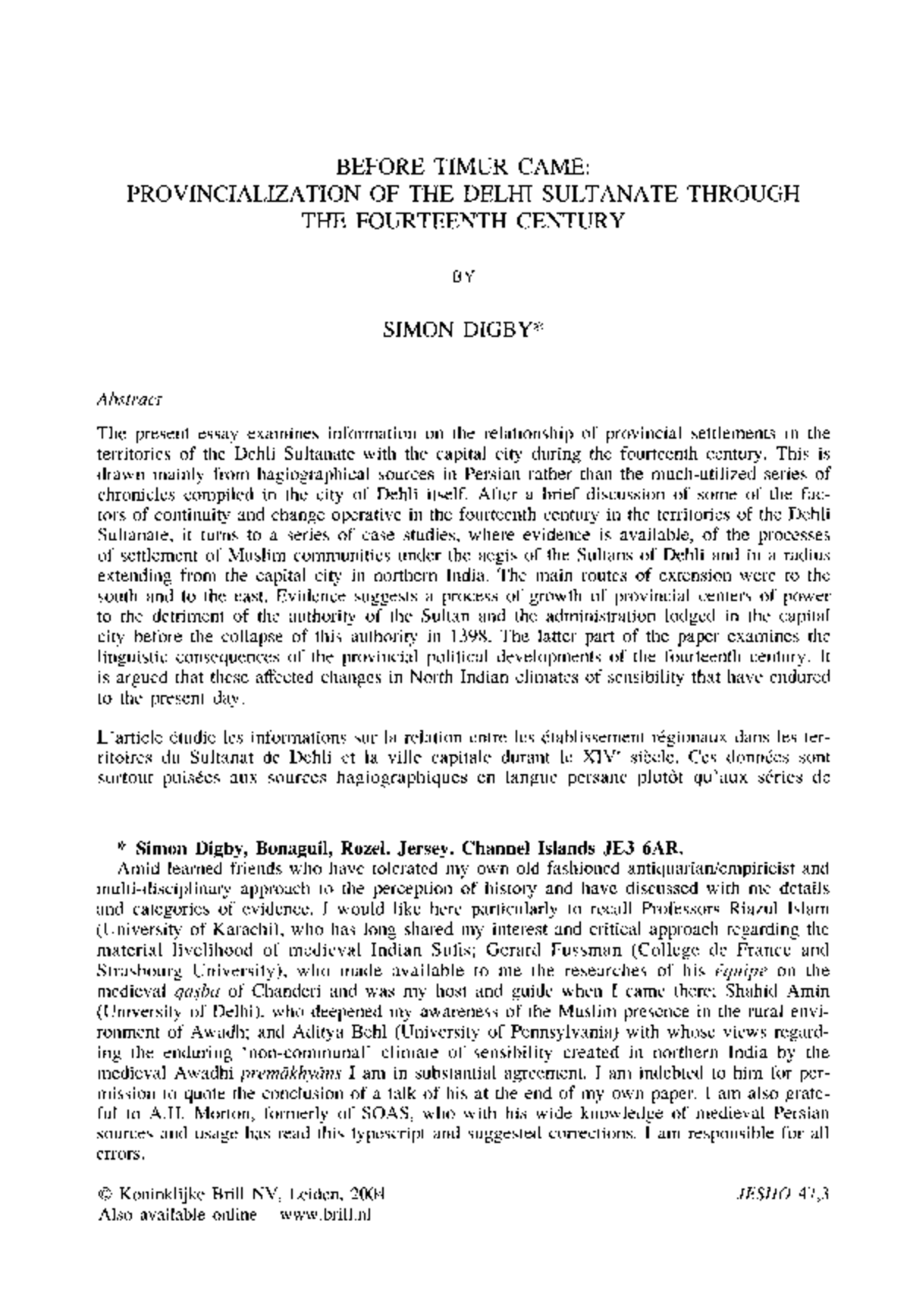BEFORE TIMUR CAME: PROVINCIALIZATION OF DELHI SULTANATE IN 14TH CENTURY ...
