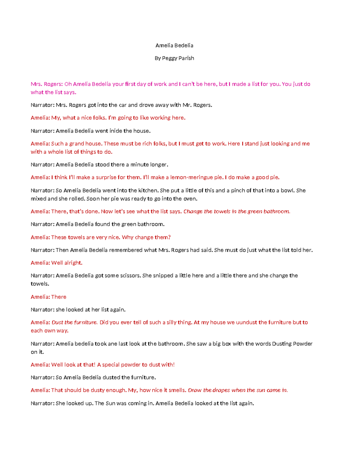 Amelia Bedelia Script: A Comical First Day of Work - Studocu