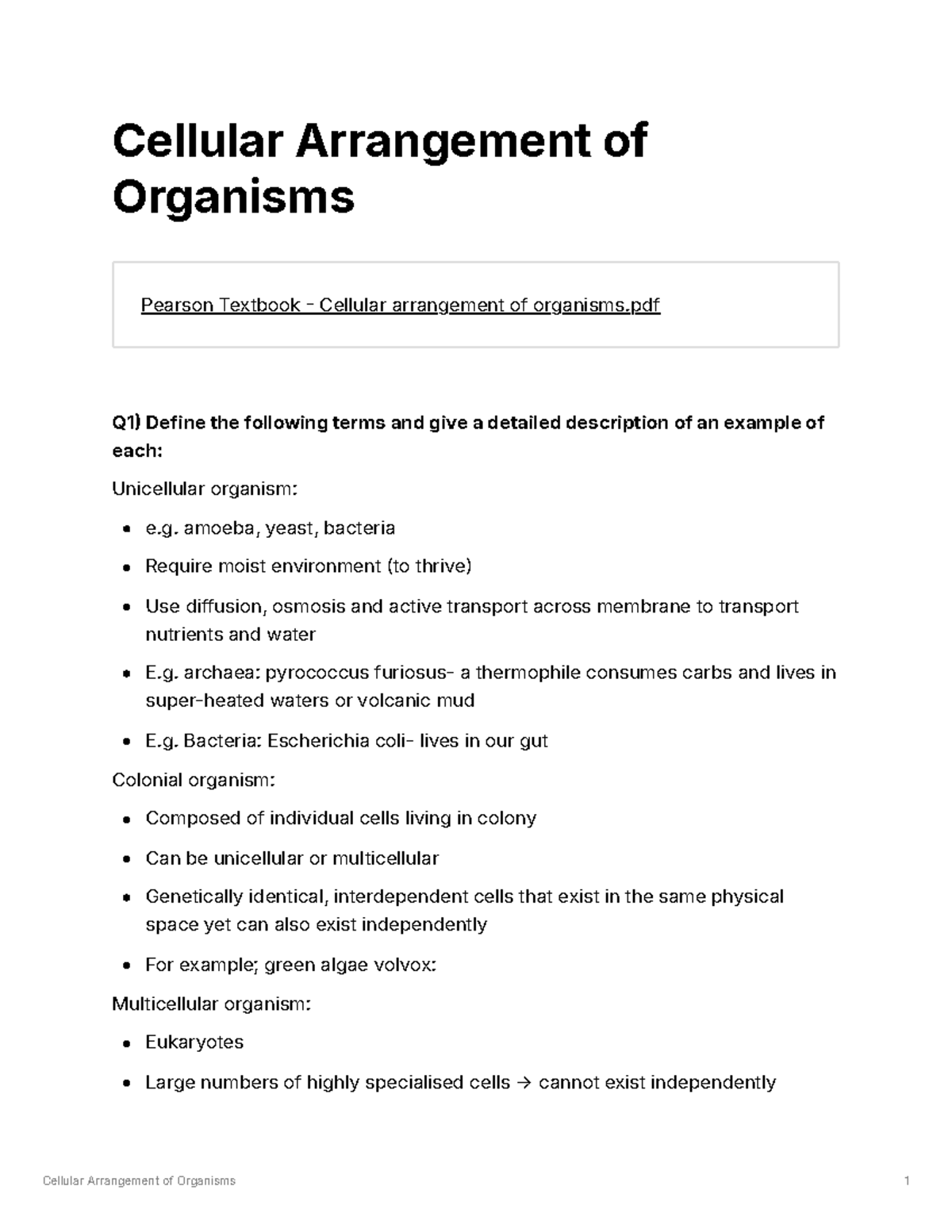 Cellular Arrangement of Organisms: Unicellular, Colonial, and ...