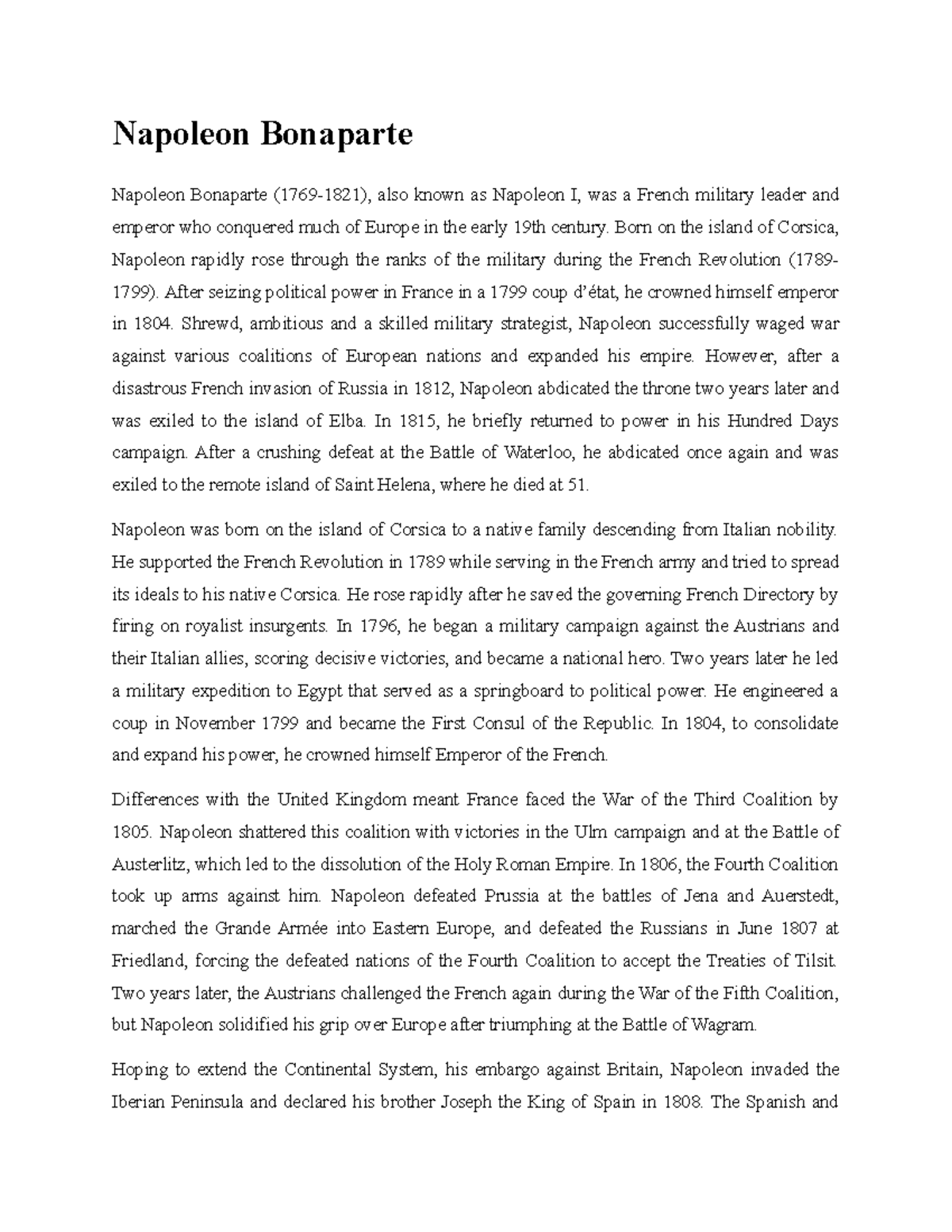 Napoleon Bonaparte: Assignment on His Rise and Historical Impact - Studocu
