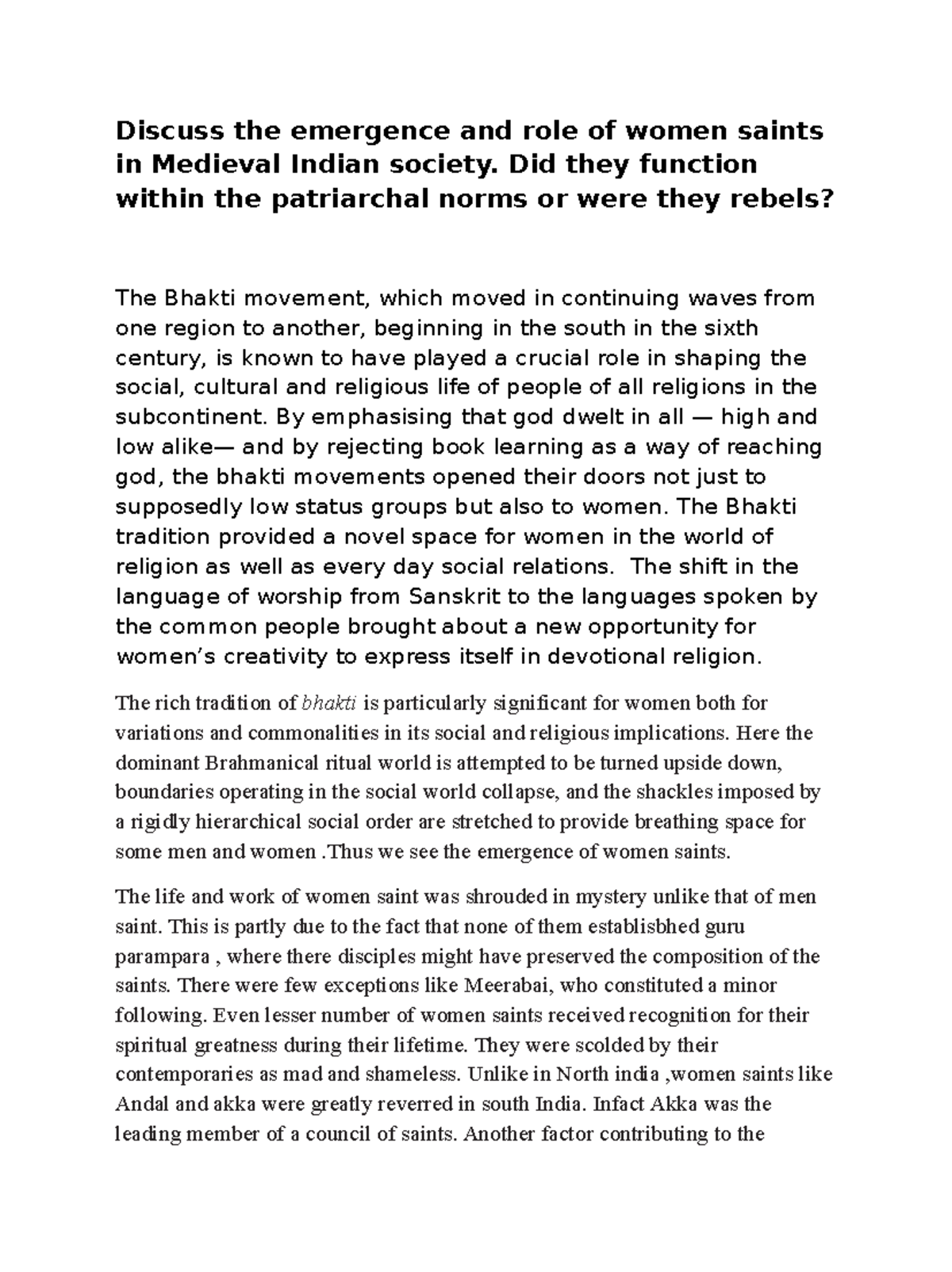 Emergence and Role of Women Saints in Medieval Indian Society (History ...