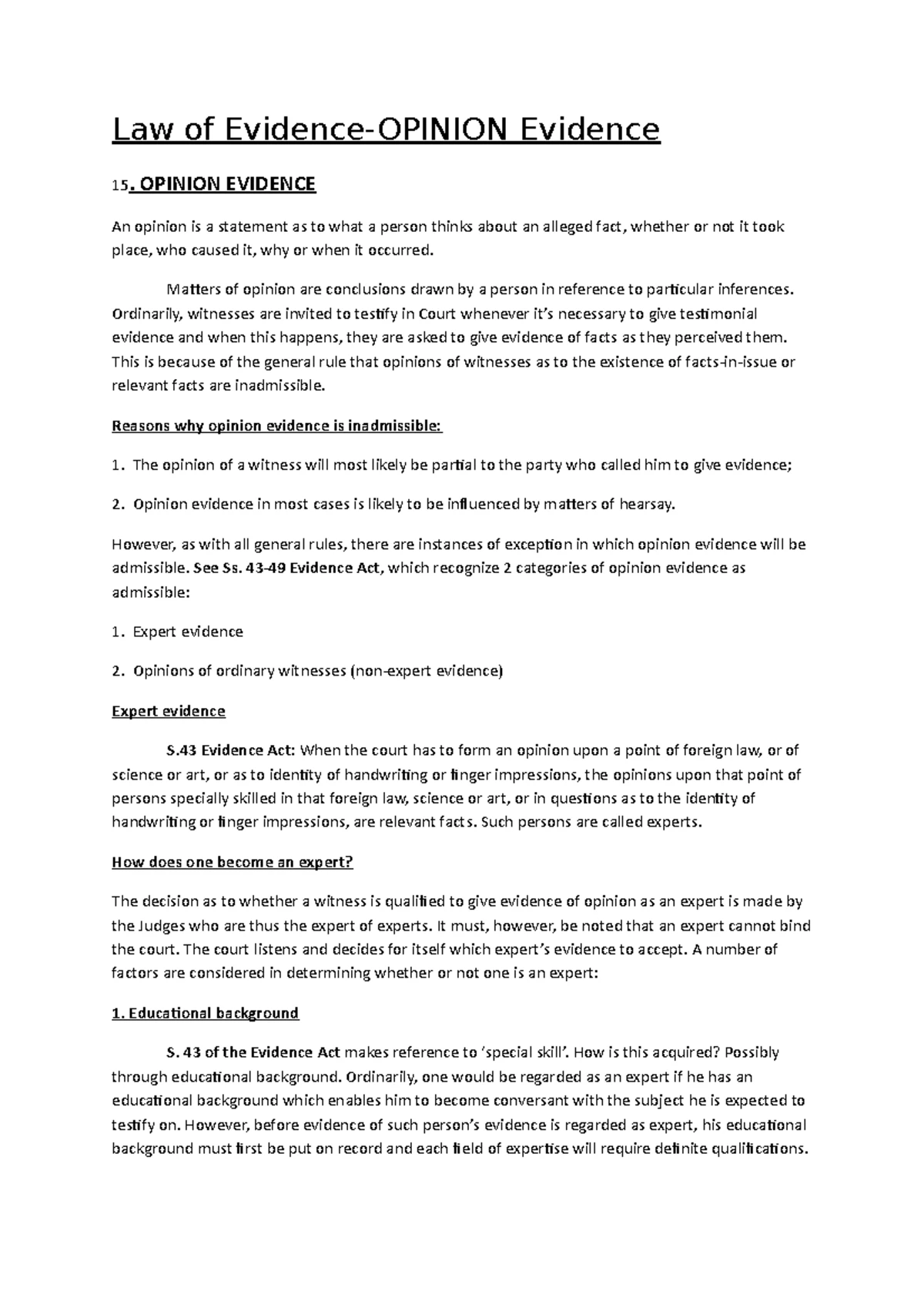 LAW OF Evidence Class Notes 2019 - LAW OF EVIDENCE CLASS NOTES 2019 ...